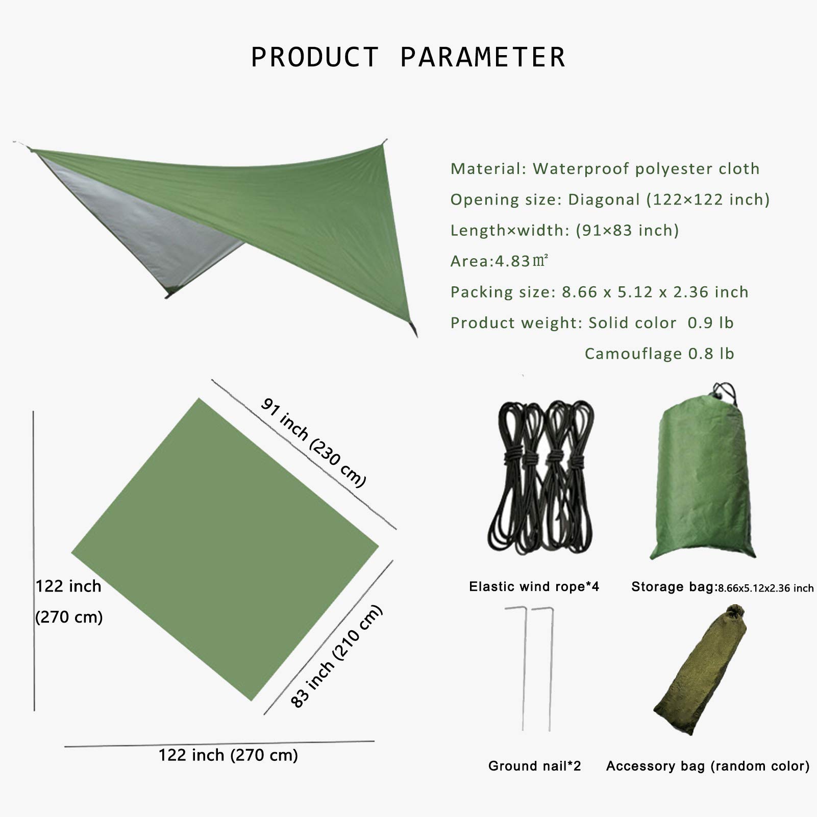 Hammock Rain Fly,Camping Tarp Waterproof,Camping Essentials,Moistureproof Picnic Mat,Camping Tent Footprints with Drawstring Carrying Bag-Light Weight-Essential Survival Gear,Shading,Beach,91" x 83"