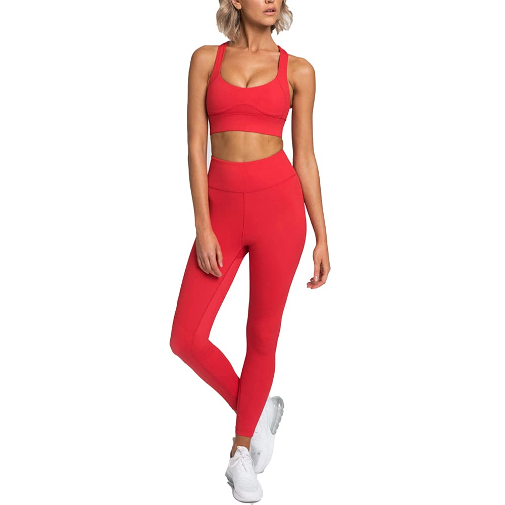 Hotexy Women Workout Sets Activewear Tracksuits High Waisted Plain Red Yoga Leggings with Stretch Sports Bra Gym Set