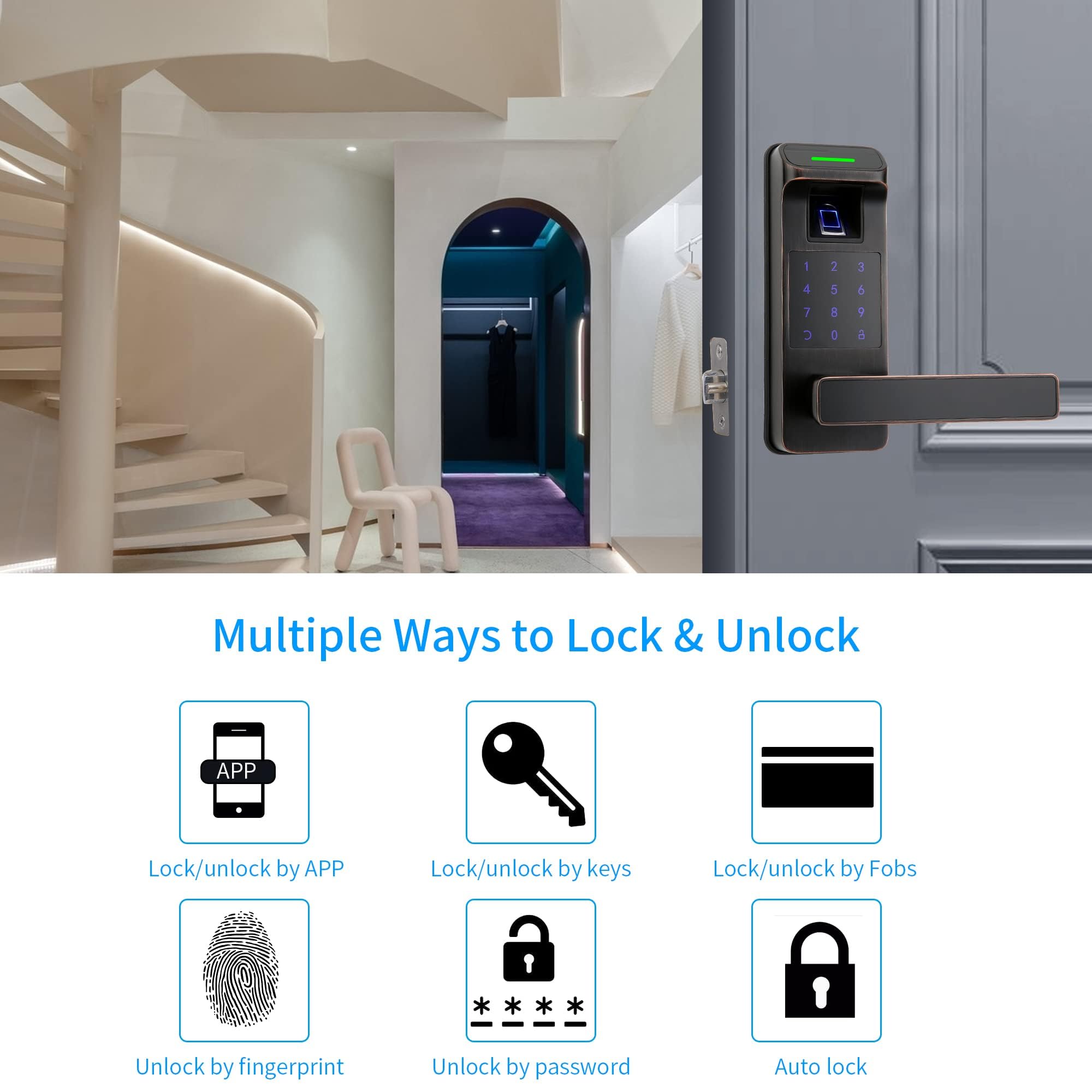 HARFO Fingerprint Door Lock with Touchscreen and OLED Display, Keyless Entry Door Lock with Keypad, Door Level, Passcode Door Lock for Office Home (Aged Bronze)