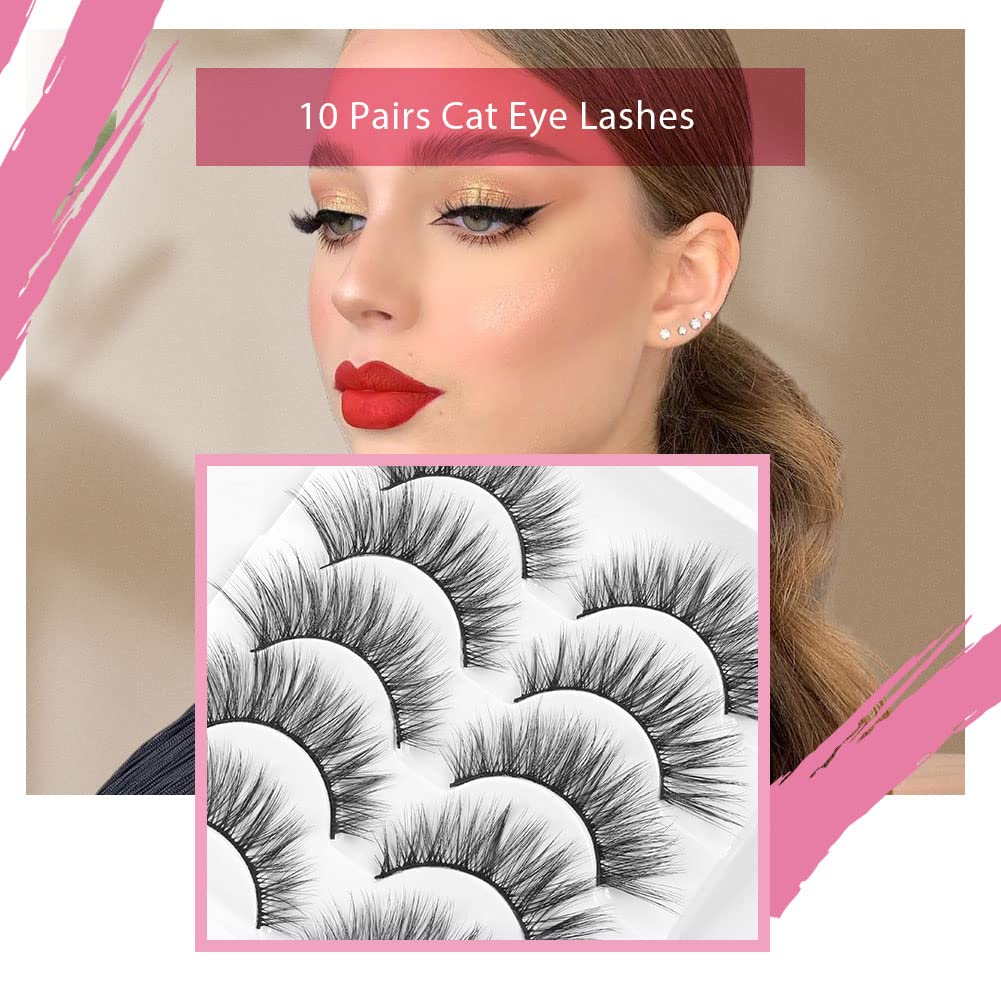 Parriparri Cat Eye Lashes Natural Look 10 Pairs 3D Wispy Faux Mink Eyelashes Light Volume Mink Lashes Reusable Fake Lashes Pack