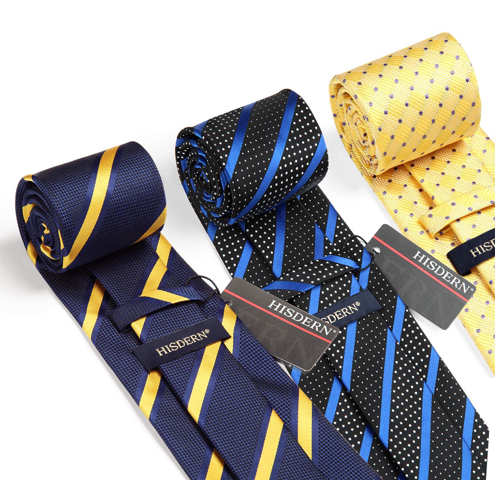 HISDERN Mens Ties Set Extra Long Ties and Pocket Square Set Navy Blue Yellow Necktie Handkerchief 63 Inch XL Silk Neckties Collection 3 Pack Wedding