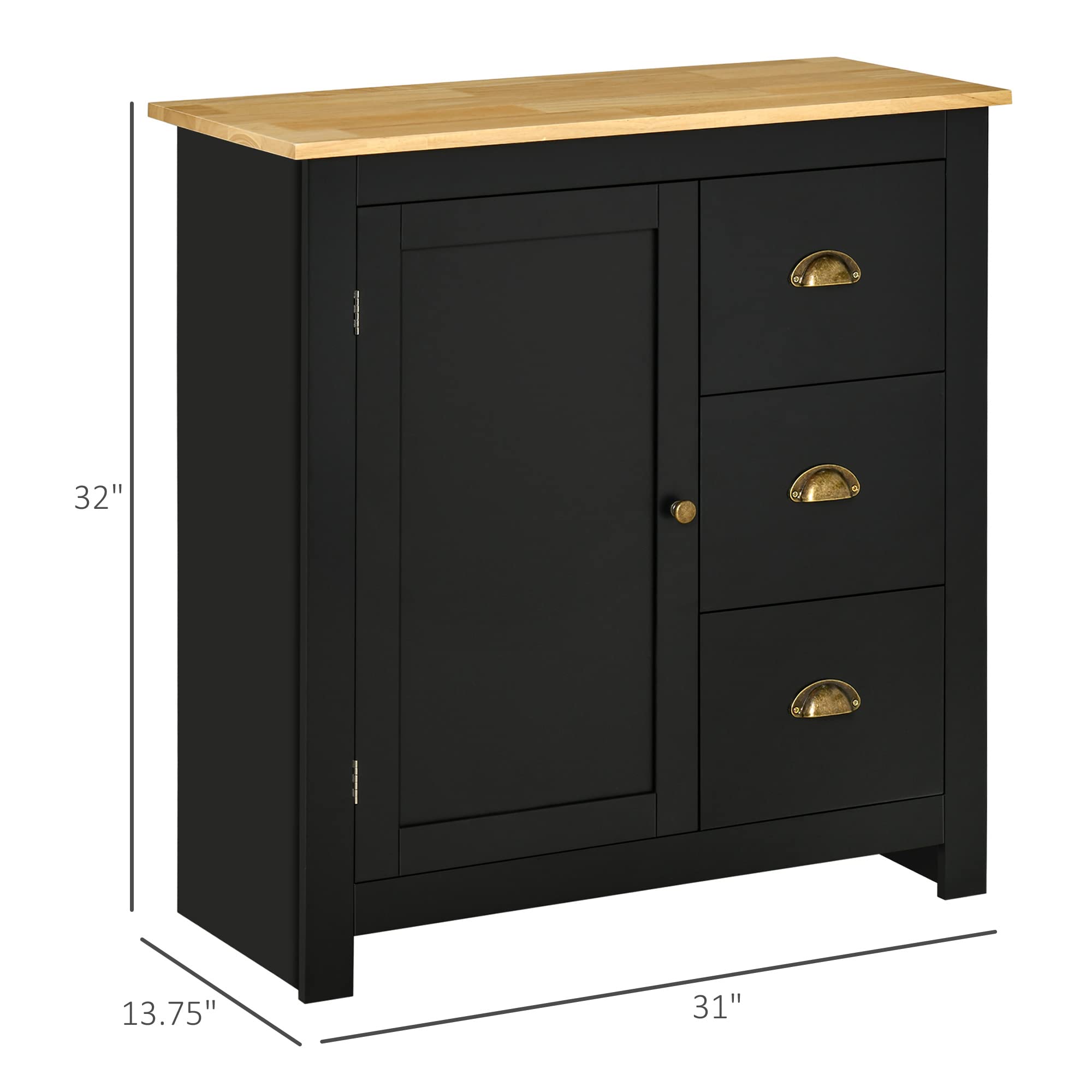 HOMCOM Modern Kitchen Cabinet, Storage Sideboard, Buffet Table with Rubberwood Top, 3 Drawers and Cabinet with Adjustable Shelf, Black