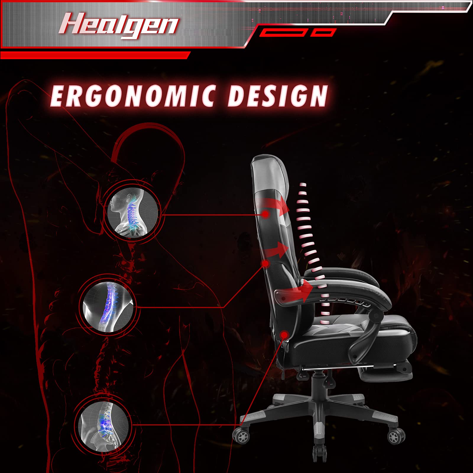 HEALGEN Reclining Gaming Chair with Adjustable Massage Lumbar Pillow and Footrest- Memory Foam PC Computer Racing Chair - Ergonomic High-Back Desk Office Chair (9015GREY)