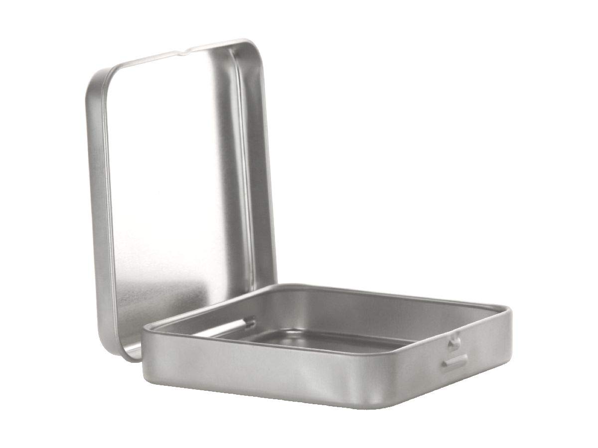MagnaKoys Square Silver Metal Hinged Tins 3.5 x 3.5 x .70 Inches Boxes for Candy Storage Geocaching (5-Pack)