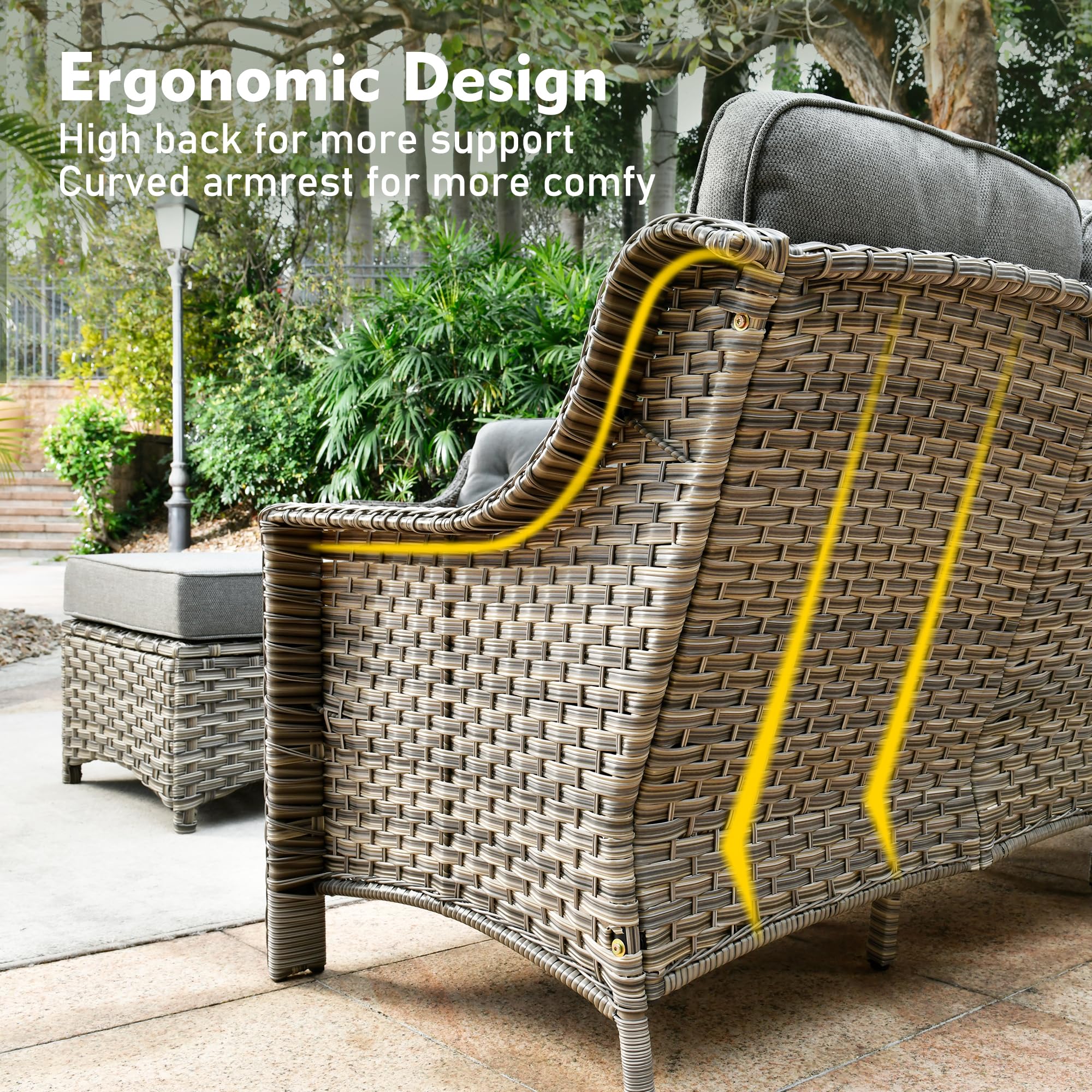 ovios 3 Piece Outdoor Patio Furniture with 3 Seat Sofa & Ottoman,Rattan Wicker Coversation Set with High Back,Sectional Sofa for Outside Porch Balcony Backyard Pool,Dark Grey