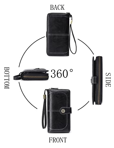 JJUQ Womens Wallet Leather Large Capacity Card Holder Zipper Wristlet Wallets for Women-black