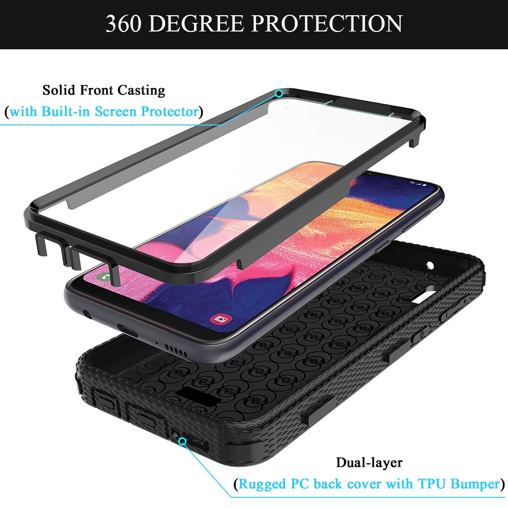 HATOSHI Samsung Galaxy A10e Case with Built-in Screen Protector Not Fit A10 Heavy Duty Protection Armor Shockproof Rubber Bumper Rugged Protective Phone Case Cover for Galaxy A10e 5.8 Inches -Black