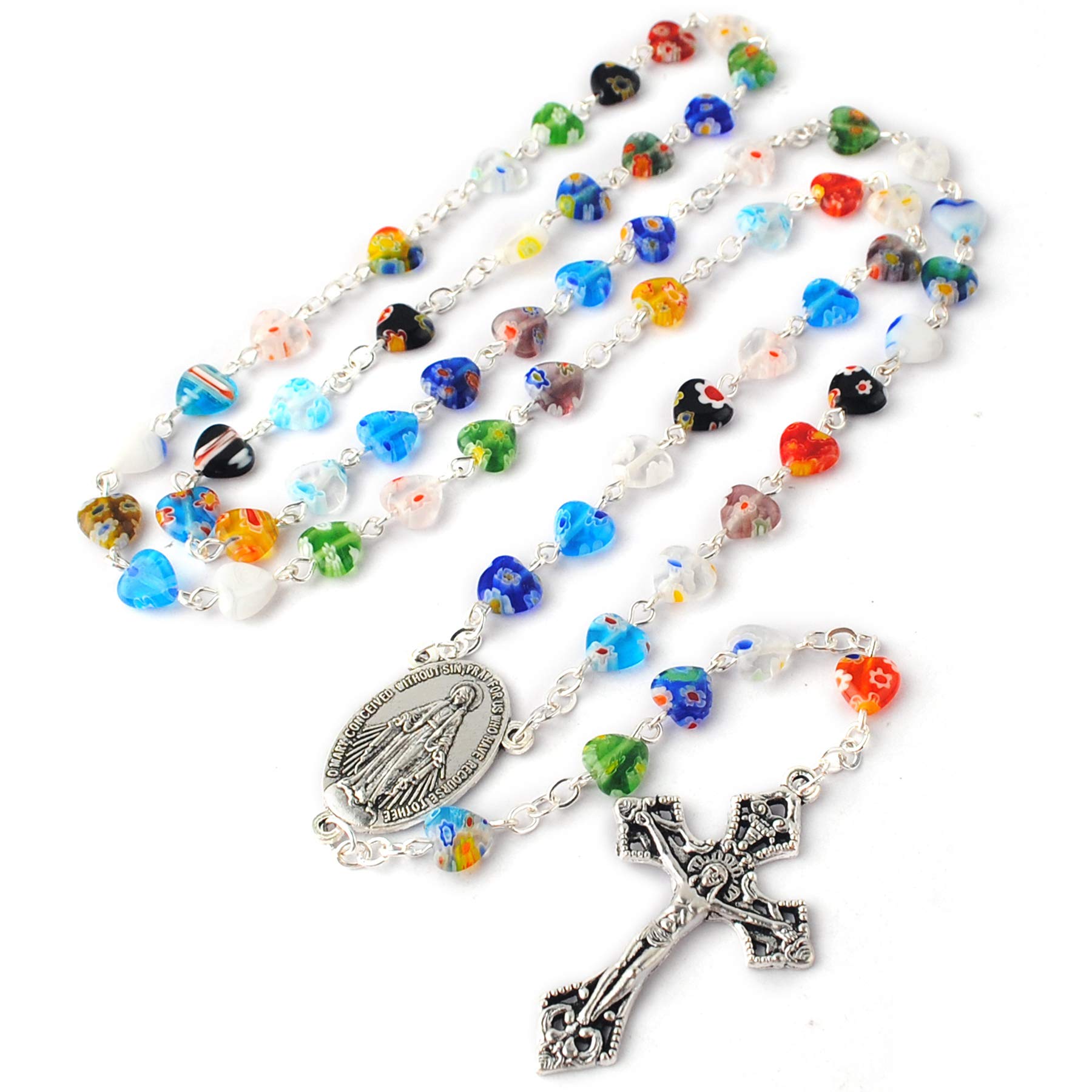 HanlinCC 8mm Multicolor Glass Heart Shape Beads Catholic Rosary with Miraculous Center Piece and Cross