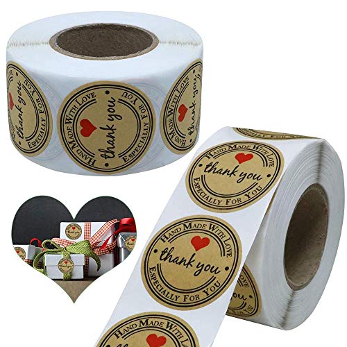 Handmade with Love Stickers 1'' Baking Stickers 1000pcs Kraft Paper Thank You Stickers Roll Handmade Stickers