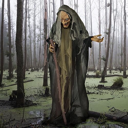 Haunted Hill Farm Life-Size Scary Poseable Talking Witch with Touch Activated Lights and Sound, Battery-Operated Indoor/Covered Outdoor Halloween Decoration