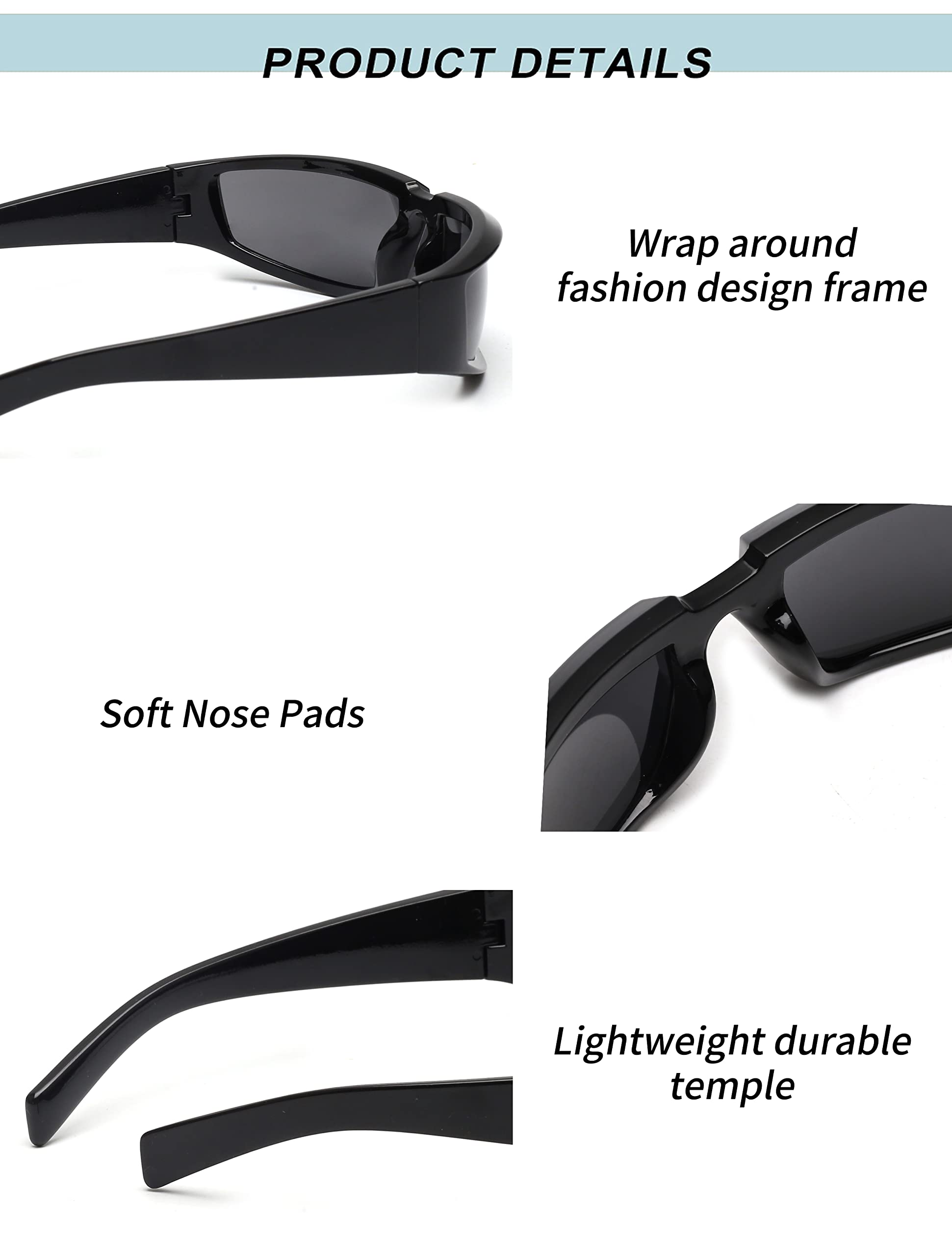 JM Wrap Around Y2K Sunglasses for Men Women Trendy Rectangle Futuristic Sports Shades Black/Grey