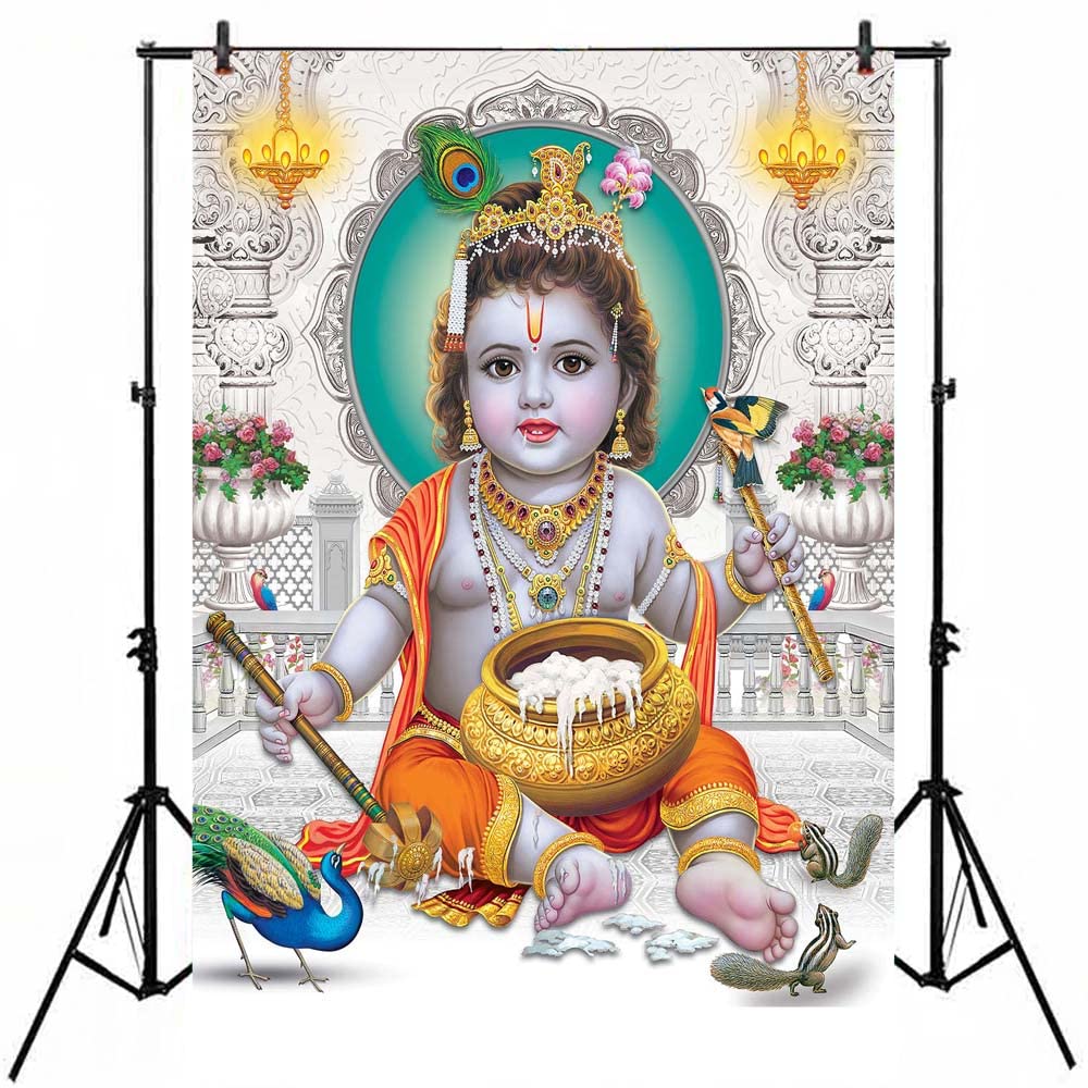 MingTian Baby Lord Krishna Tapestry Backdrop 7x5 Vinyl Indian Lord Child Bal Krishna Poster Background for Living Room Baby Krishna