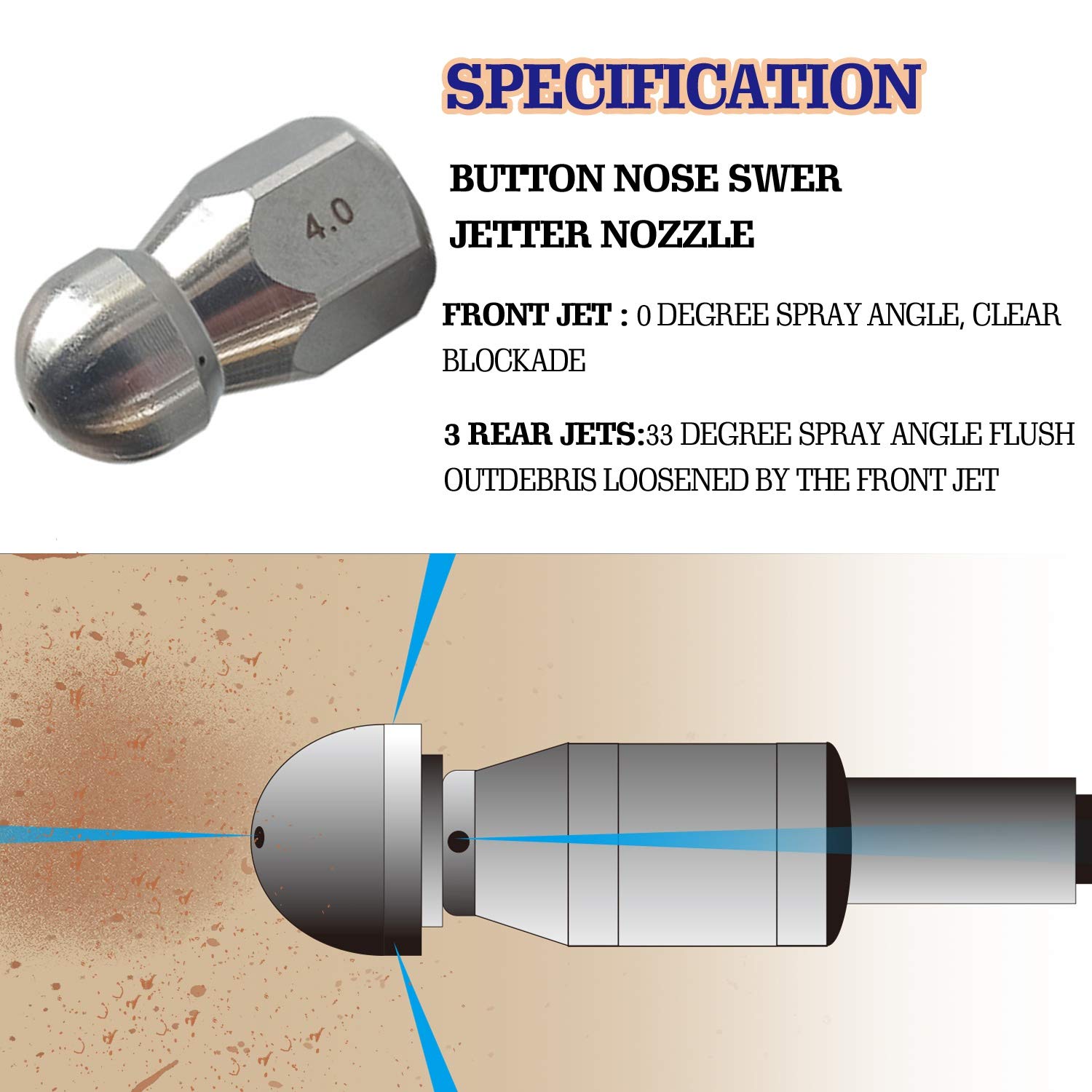 Hourleey Sewer Jetter Kit for Pressure Washer, 1/4 Inch NPT, 100 Ft Drain Cleaning Hose, Orifice 4.0 Button Nose and Rotating Sewer Jetting Nozzle, 4000 PSI