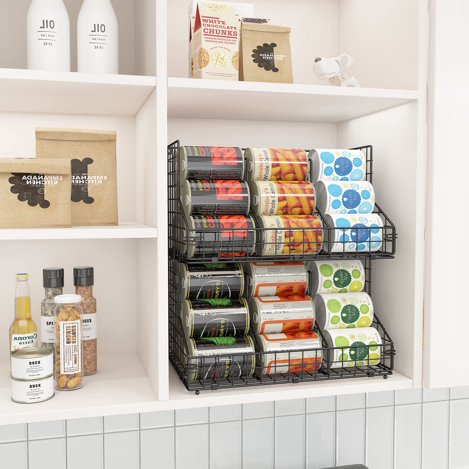 JKsmart Stackable Can Rack Organizer for Pantry Storage,Can Dispensers with 4 Adjustable Dividers, 2-Tier Metal Wire Basket Beverage Pop Soda Rack for Kitchen Cabinet Pantry, Black