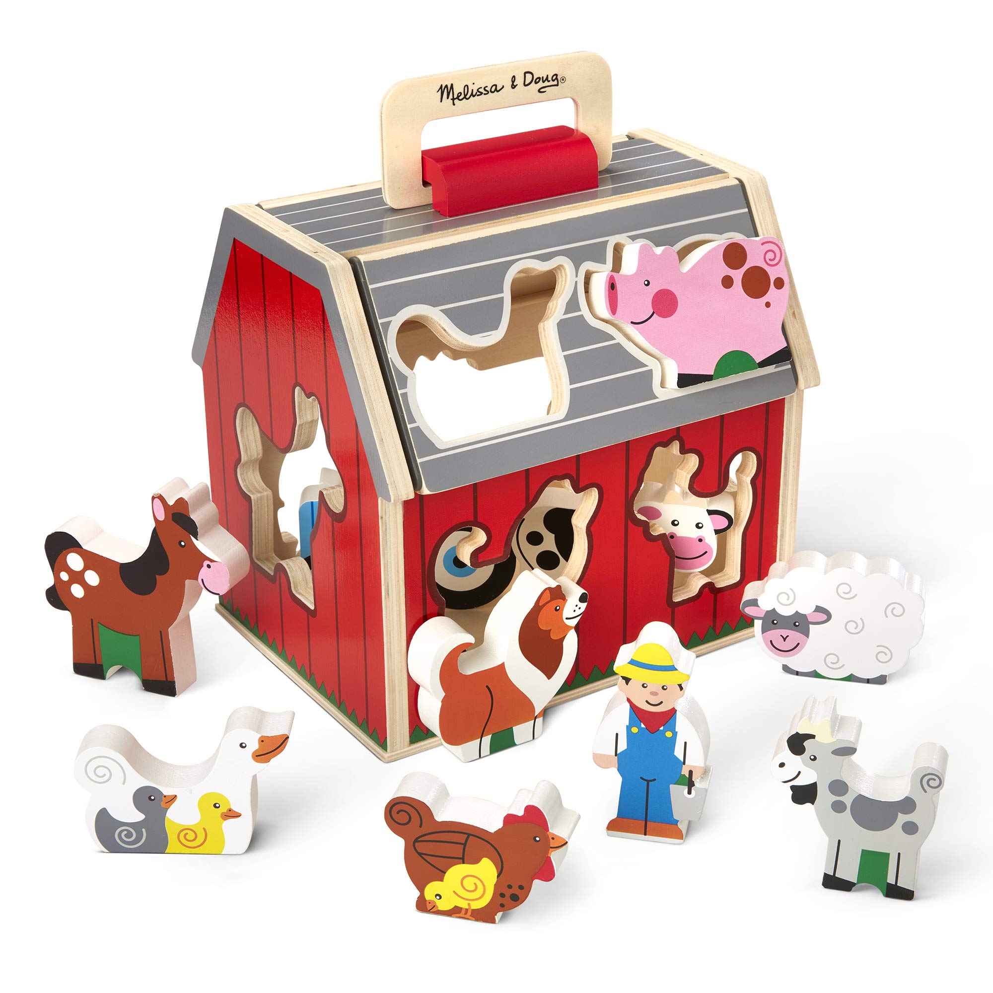 Melissa & Doug Wooden Take-Along Sorting Barn Toy with Flip-Up Roof and Handle, Shape Sorting and Stacking Learning Toys & Children's Book - Poke-a-Dot: Old Macdonald’s Farm