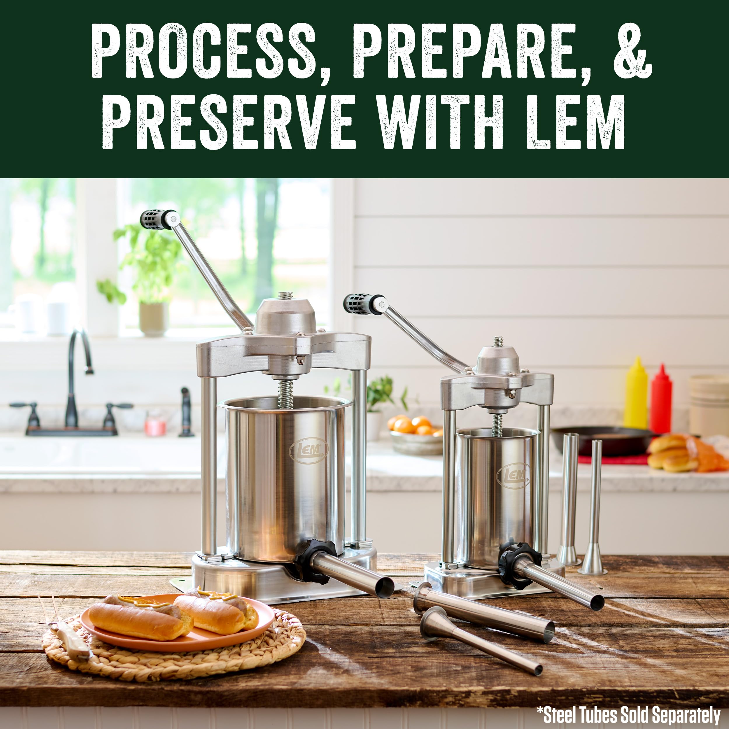 LEM Products Mighty Bite Vertical Stainless Steel 5 Pound Capacity Sausage Stuffer with Plastic Stuffing Tubes,Silver