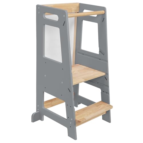 HARPPA Toddler Kitchen Stools Helper with Adjustable Height and Anti-Slip Protection, Kids Standing Tower with Safety Rail, Toddlers Step Stool with Learning Chalkboard Gray