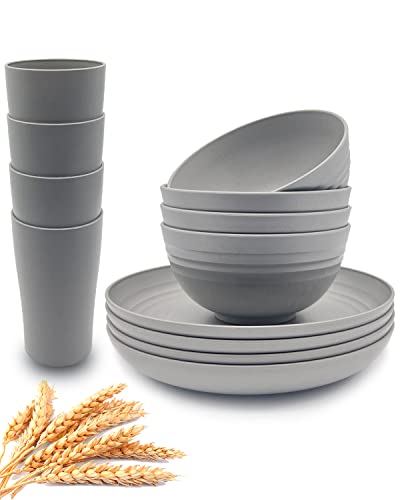 KITWILD Wheat Straw Dinnerware Sets, 12-Piece Lightweight Plastic Dinnerware Set with 8.9 Inch Unbreakable Plates, Bowl Set and Cup Set, BPA free, Dishwasher & Microwave Safe, Service for 4 - Grey