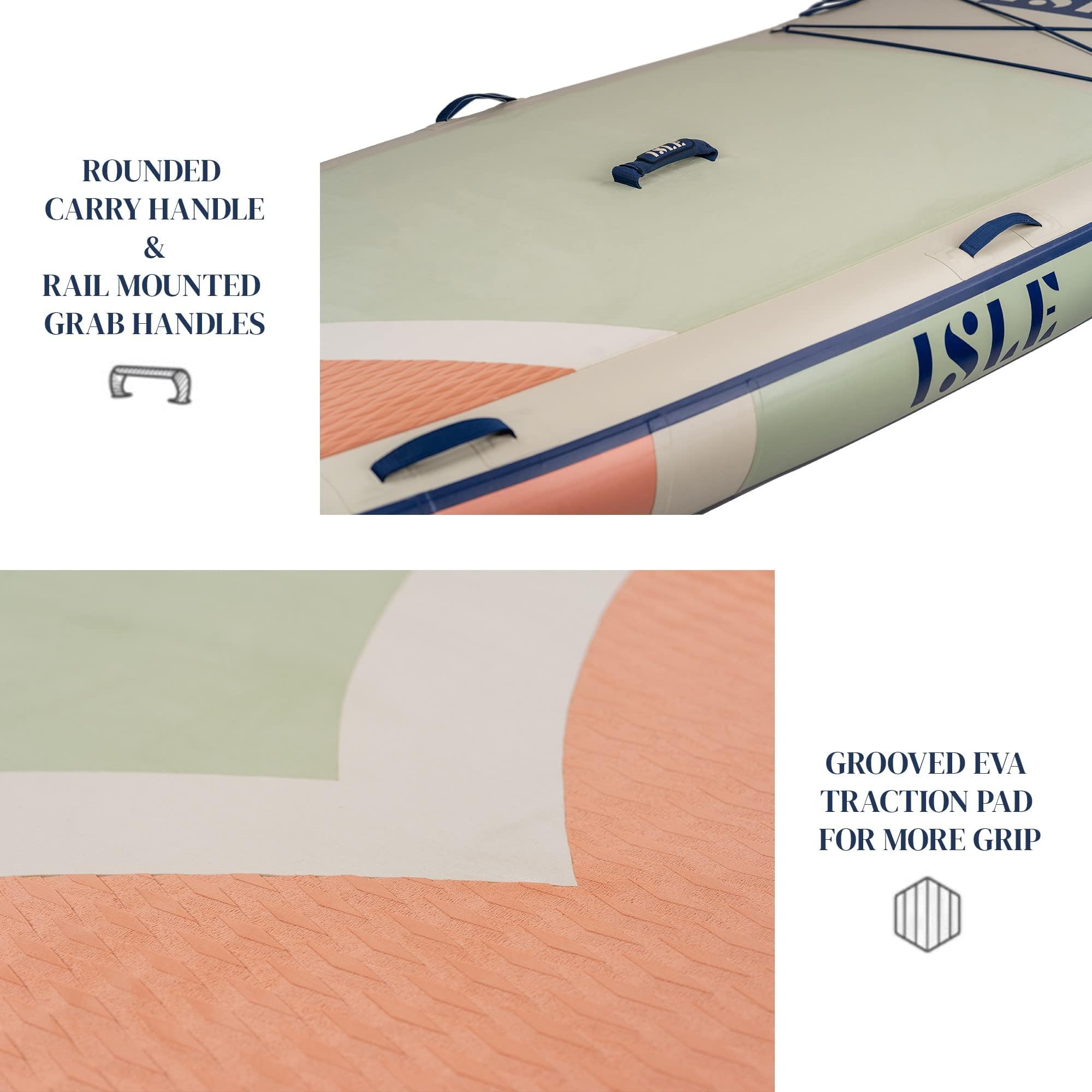 ISLE Megalodon Inflatable Stand Up Paddle Board & iSUP Bundle Accessory Pack - Up to 1,050 lbs Capacity β Durable, Lightweight, Stable β 12' L x 45" W x 8" OR 15' L x 56" W x 8" (Seafoam/Peach, 15')