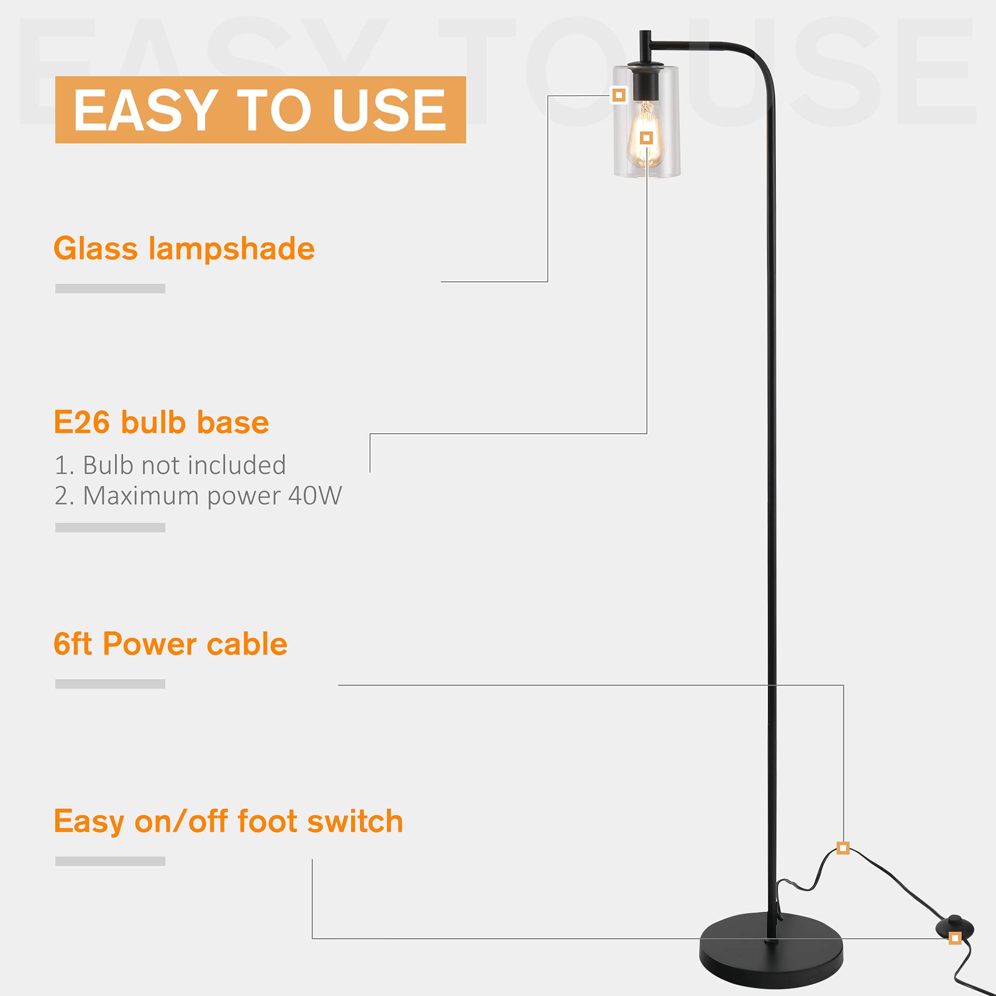HOMCOM Modern Stylish Tall Pole Floor Lamp, Land Light with Metal Base, Cylindrical Shaped Glass Shade, Black