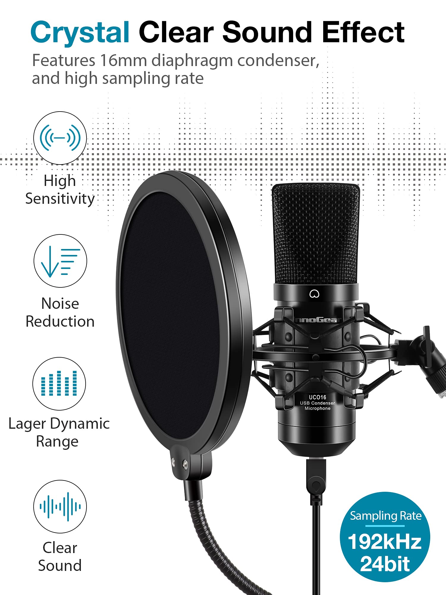 InnoGear USB Microphone, 192KHZ/24BIT Plug & Play PC Computer Professional Cardioid Mic for Mac Windows Vista, 7, 8.1, or 10 System with Mic Stand Shock Mount Pop Filter USB Cable