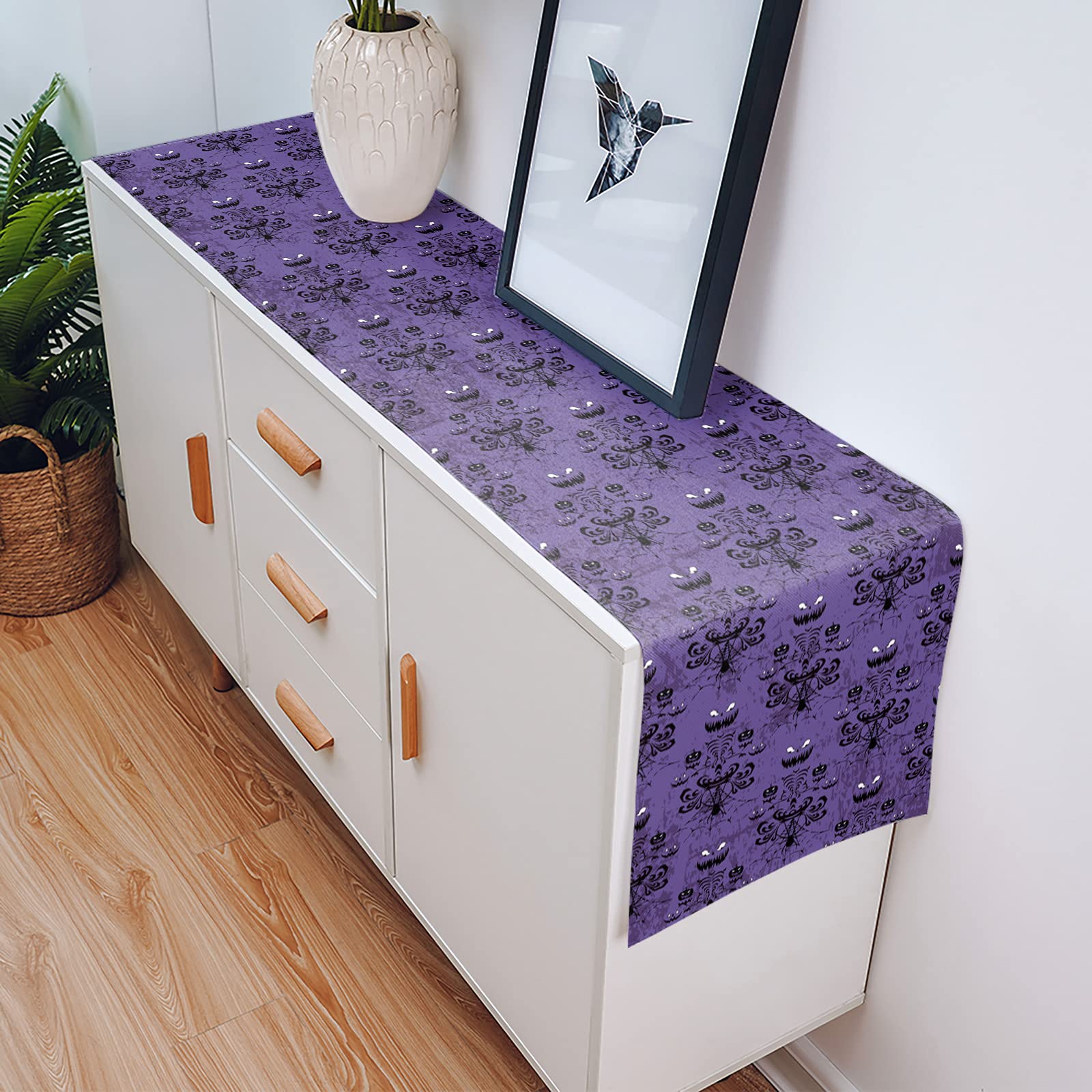 Halloween Table Runner for Dining Table Coffee Table Home Kitchen Decorative Haunted Ghost House Mansion Spider Cotton Line Table Linens for Indoor Outdoor Party/Holiday/Wedding/Gathering13x70inch