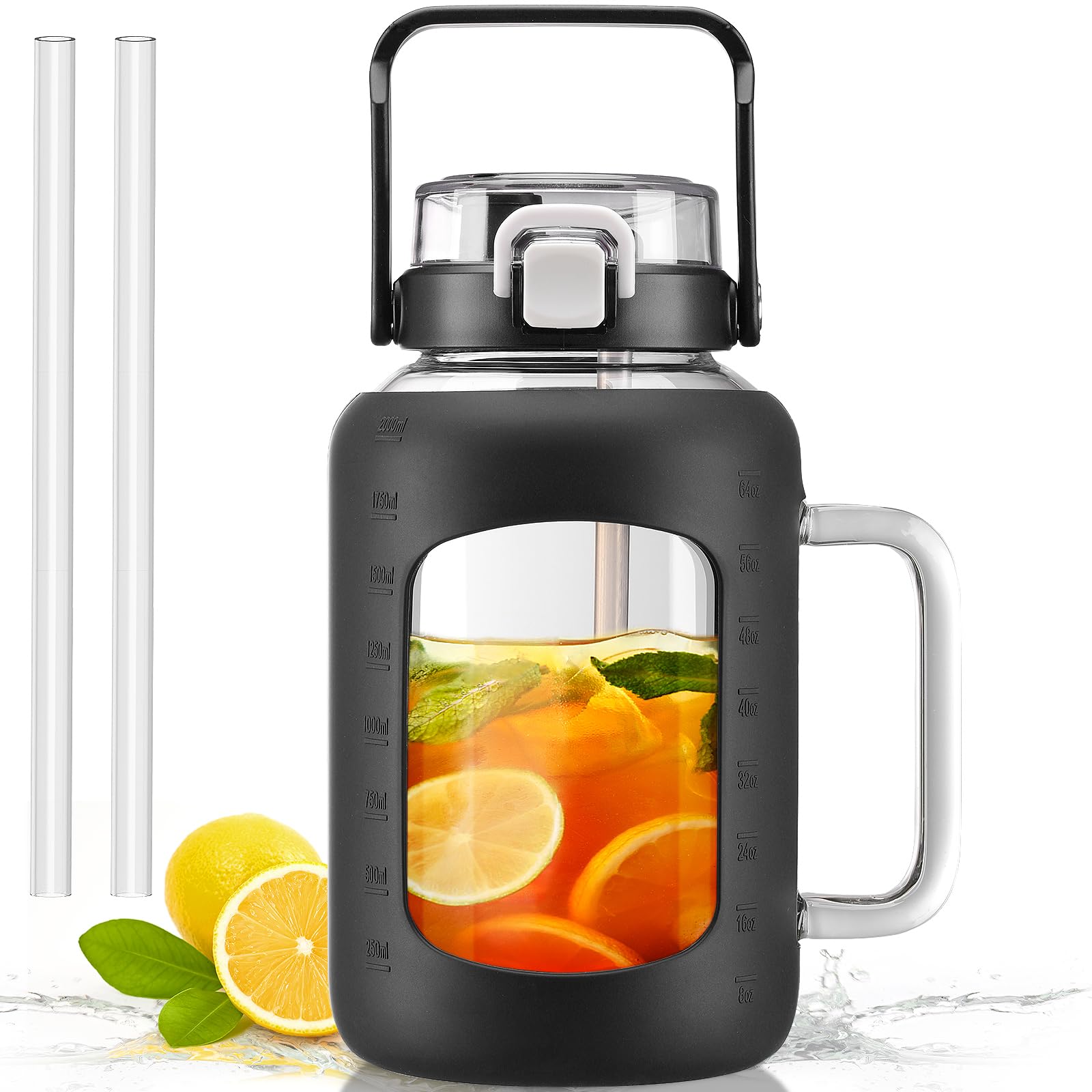 HYDRAGLAZIC 64oz Glass Water Bottle, Glass Tumblers with Straw and Handle, Cup with Silicone Sleeve, Wide Mouth Half Gallon Water Bottle with Time and Water Marker, Water Jug Black