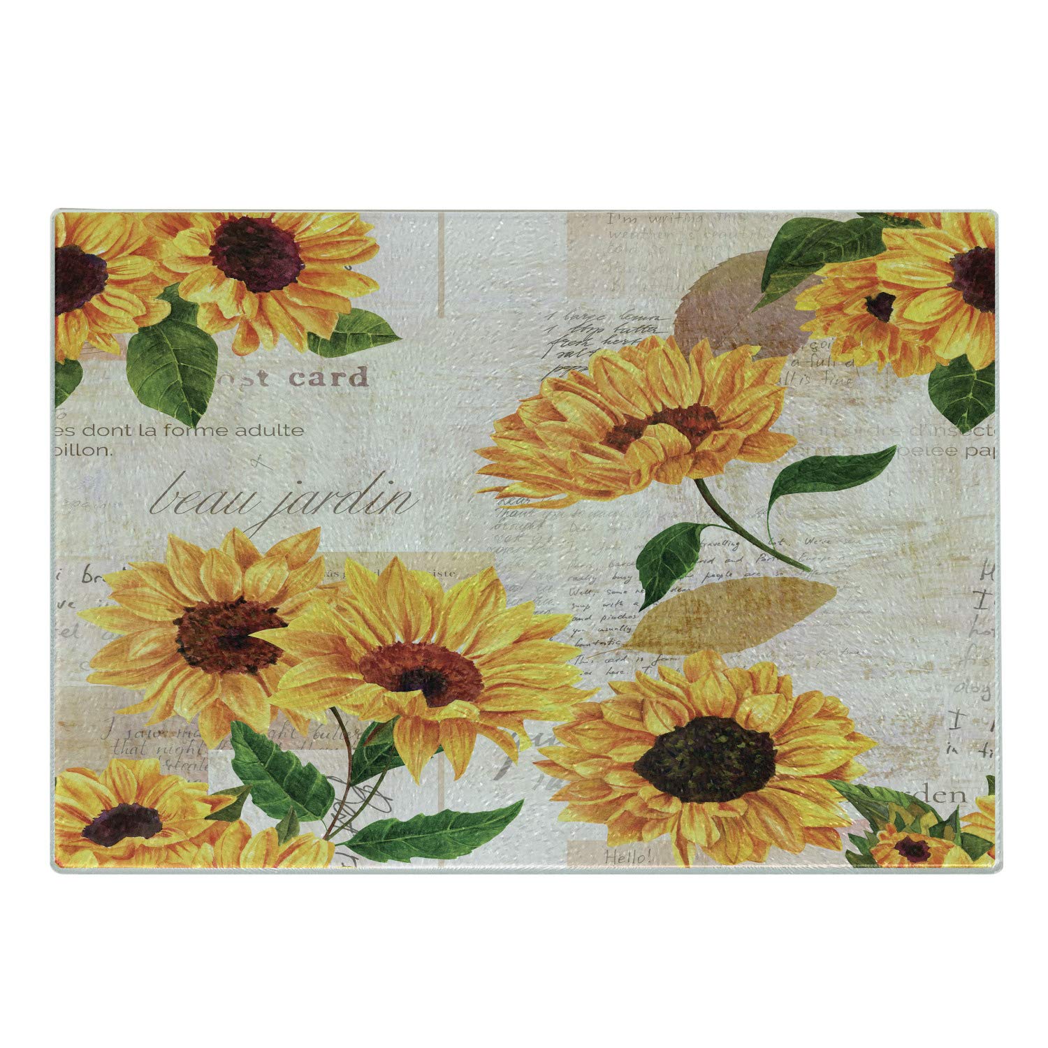 Lunarable Sunflower Cutting Board, Romantic Flowers on Old Fashioned Letters Postcards Newspapers, Decorative Tempered Glass Cutting and Serving Board, Small Size, Fern Green Marigold