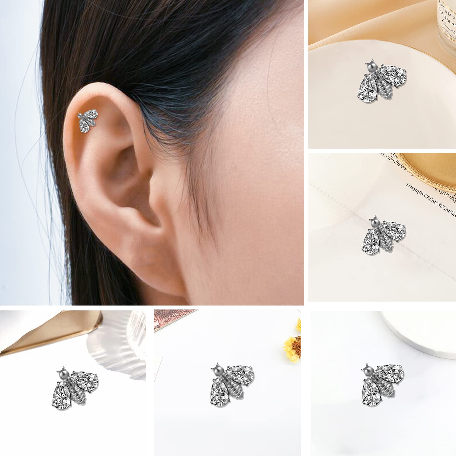 Ju7cer 16G Cartilage Earring Stud F136 Titanium Clear Bee Earrings for Conch Tragus Helix, Internally Threaded Flatback Earrings for Women Labret Piercing Jewelry