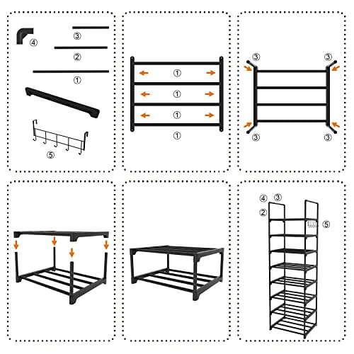 YAHAO 8 Tiers Tall Shoe Rack Narrow for Entryway, Sturdy Metal Shoe Rack Organizer with Side Hooks, Free Standing Shoe Rack for Closet