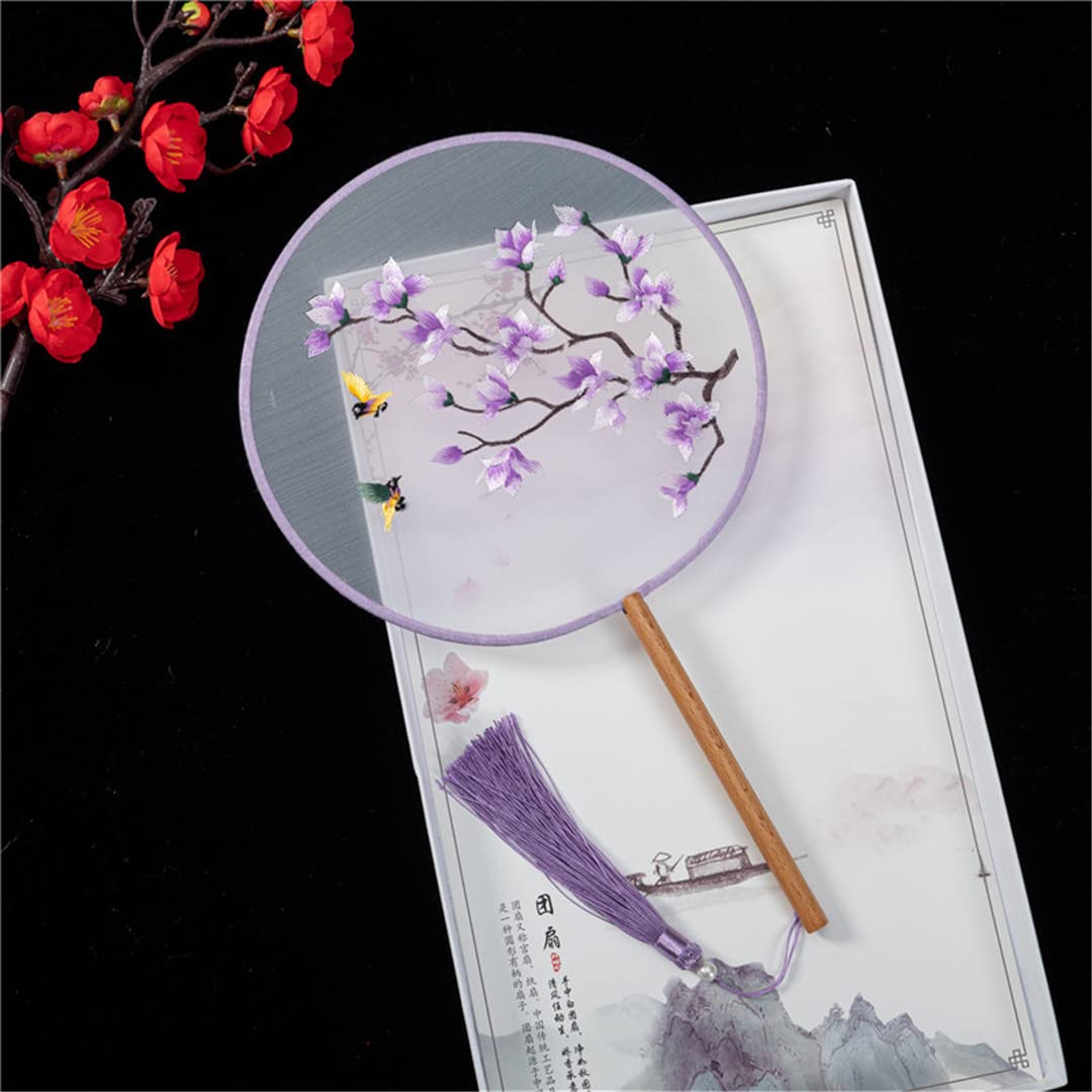 Lmtossey Vintage Round Fan Long Handle Tassel Dancing Hanfu Circular Fan Ancient Chinese Style Classical Printed Court Round Fan Wedding