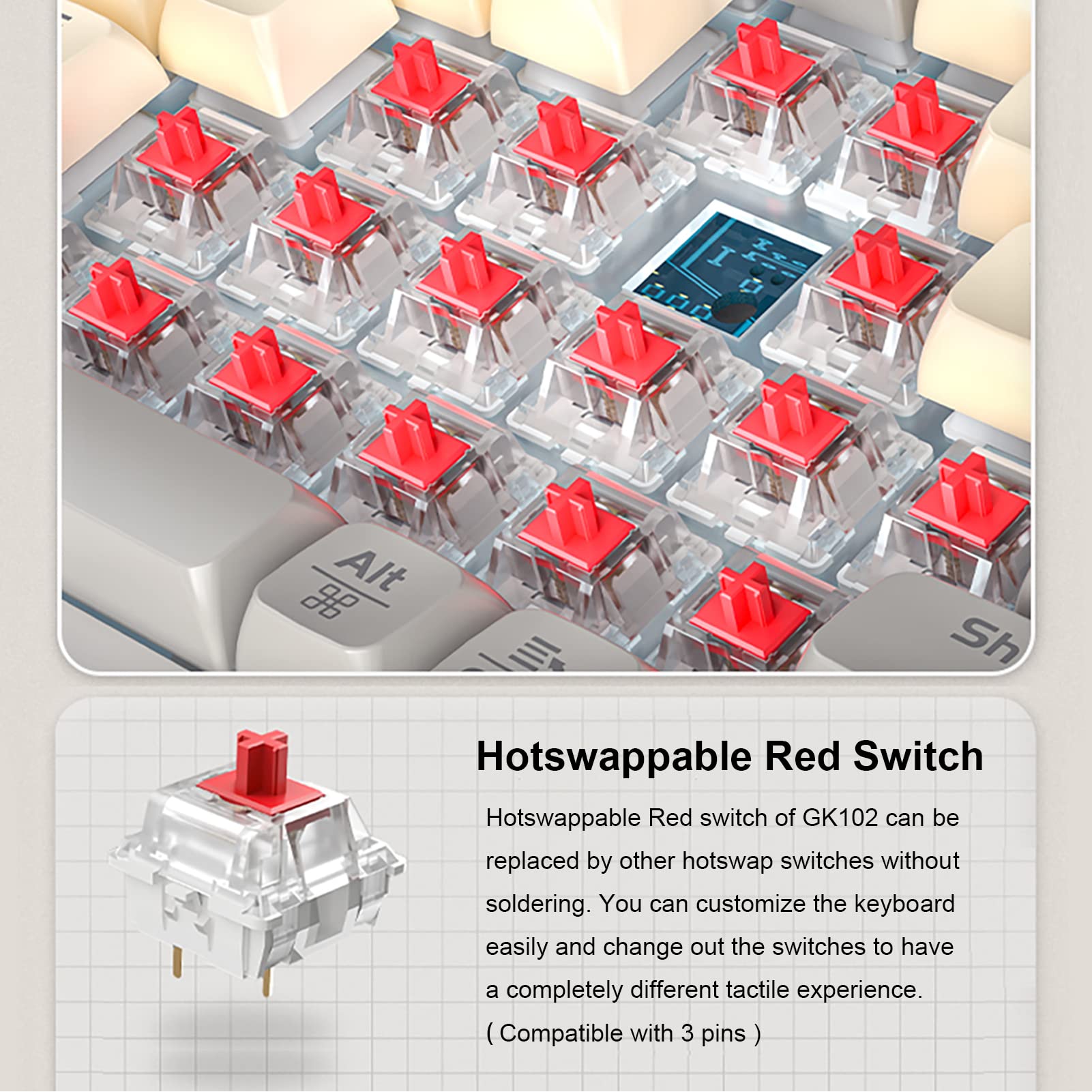 Lomiluskr GK102 Hot Swap Programmable Mechanical Wired Keyboard with Multicolor Backlit, 102 Anti-Ghosting Keys, 2 Colors Keycap, Detachable Cable (Gray&White, Red Switch)