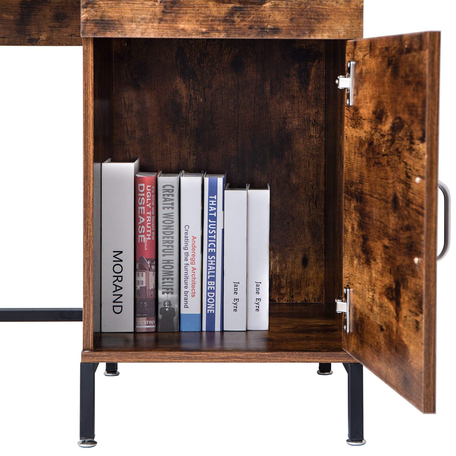 IBUYKE Industrial Computer Desk with Storage Cabinet, Modern Office Desk with Drawer, Space-Saving Corner Table Stand, Study Workstation for Home Office, Easy to Assemble, Rustic Brown UTMJ055H