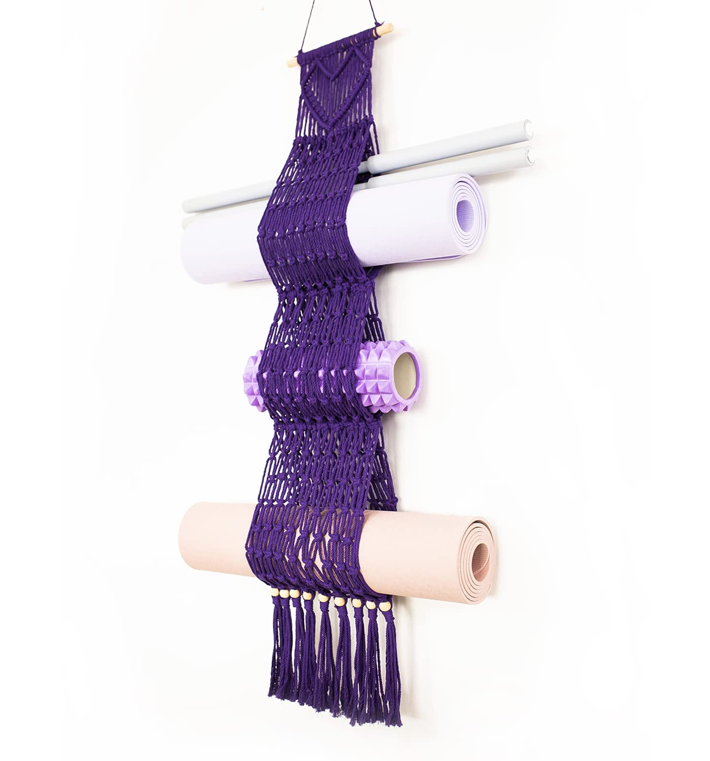 Macrame Yoga Mat Holder Wall Mount Yoga Mat Foam Roller Wall Hanging Rack for Yoga Mat Storage Organizer with 3 Sizes Easy Access Pocket Boho Gym Home Decor-Purple (Dark Purple)