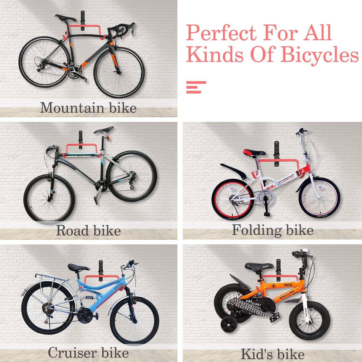 Housolution Bike Hanger Rack, Heavy Duty Foldable Garage Wall Mount Bike Hanger Storage System, Horizontal Bike Hook with Anti-Scratch Rubber Coating - Holds up to 66 lb with Screws - Orange