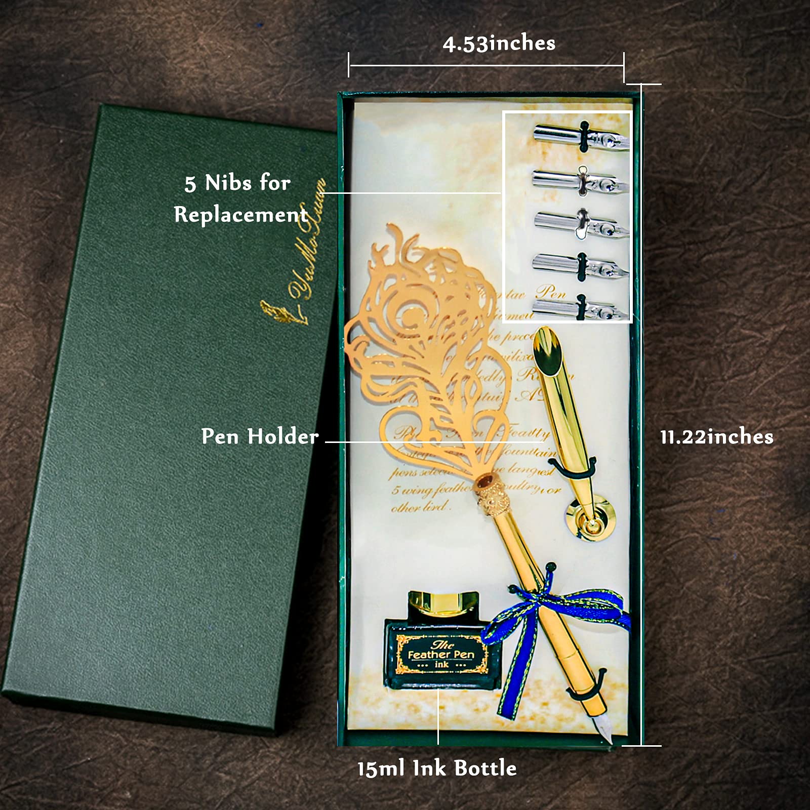 Jubapoz Feather Pen Calligraphy Pen and Ink Set Antique Refillable Writing Quill Ink Dip Pens for Writing, Drawing, Signatures, Wedding, Birthday, Retro Decoration (Flame)