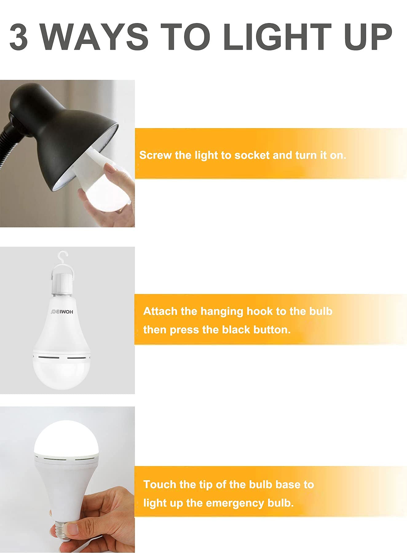 HOMIGO Emergency Rechargeable Light Bulb, 15W 120W Equivalent LED Bulbs, 6000K Emergency Light for Power Outage, 1200mAh Rechargeable LED Bulb E26 for Home Power Failure, Tent, Hurricane, 4-Pack
