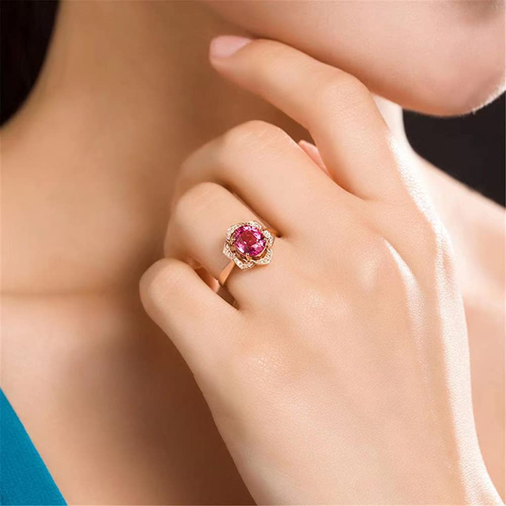 Imitation Natural Ruby 18K Gold Flower Shape Rose Gold Ring Women's Cubic Zirconia Eternity Ring Engagement/Wedding Ring (9)