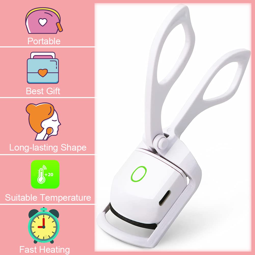 Heated Eyelash Curler, BYVUTE Regular Electric Lashes Curler with Sensing Heating Silicone Pads No Pitching Curler Long Lasting Two Temperature Settings Rechargeable with Pouch
