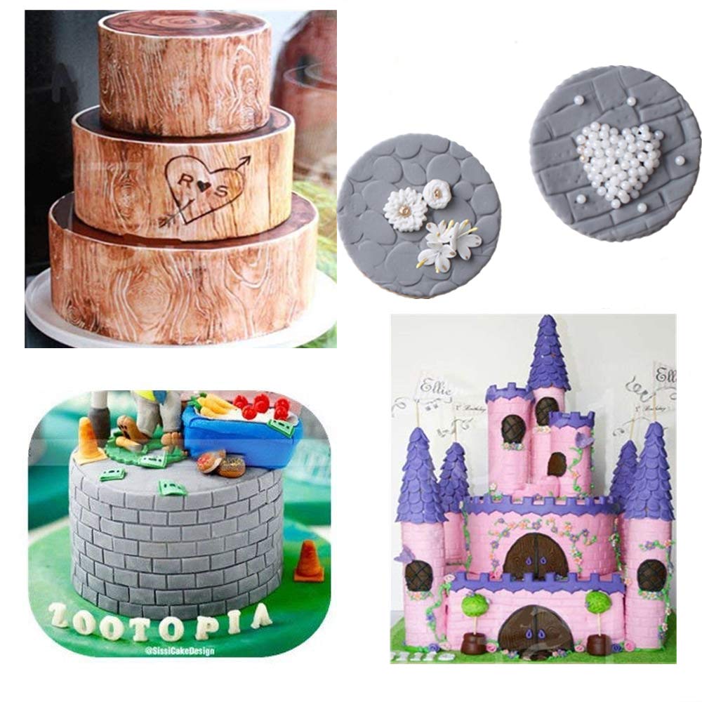 JOERSH 6 Pack Fondant Impression Mat Wood Fondant Mold Set, Embossed Tree Bark/Brick Wall/Flower/Cobblestone/Stone Wall Texture Design Mold for Chocolate Cupcake Topper Wedding Cake
