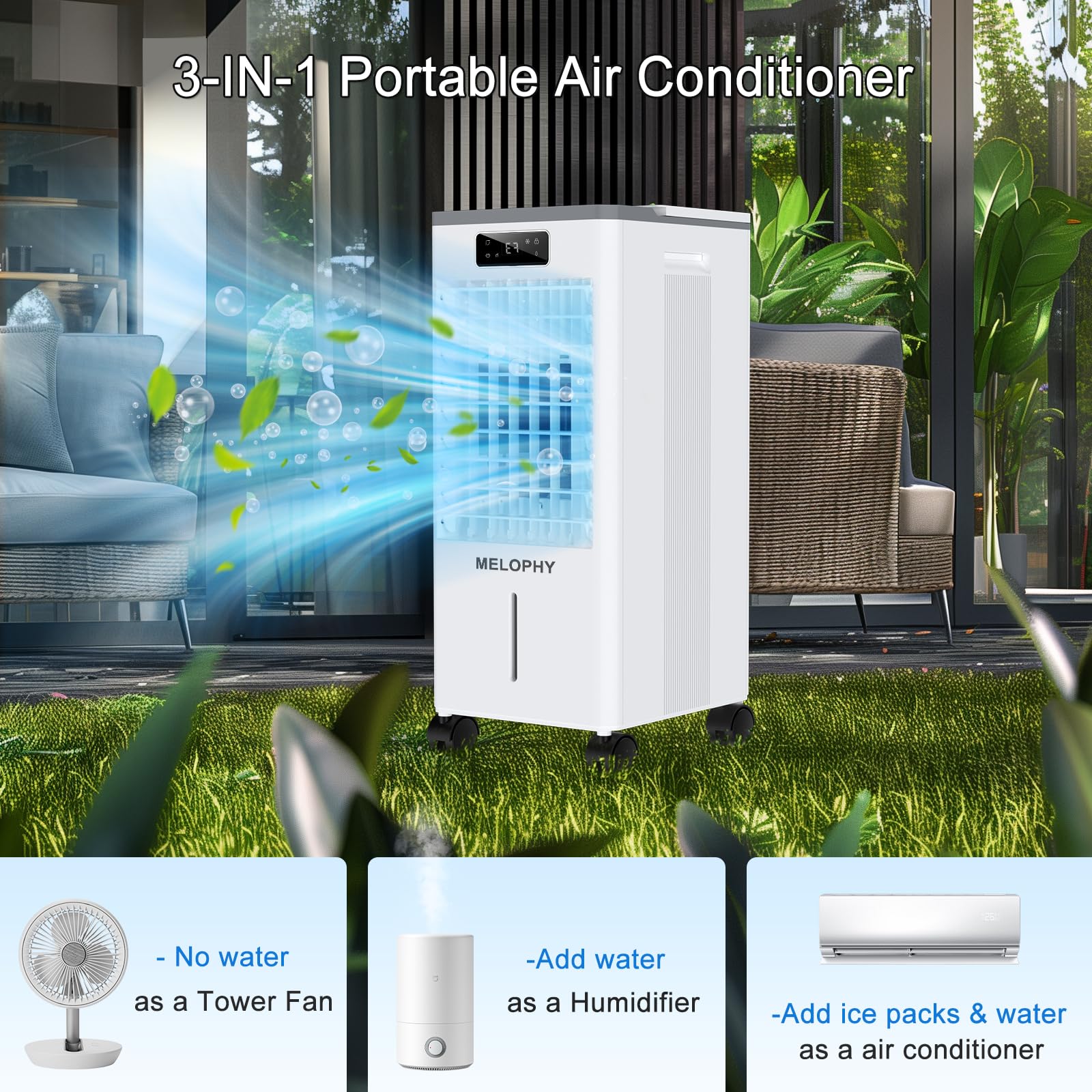 MELOPHY Portable Air Conditioners, Fast Cooling Evaporative Air Cooler, Portable AC for Room w/Lock, 4 Mode/3 Speed/Timer, 1.5 Gal Swamp Cooler with Remote, Windowless Air Conditioner