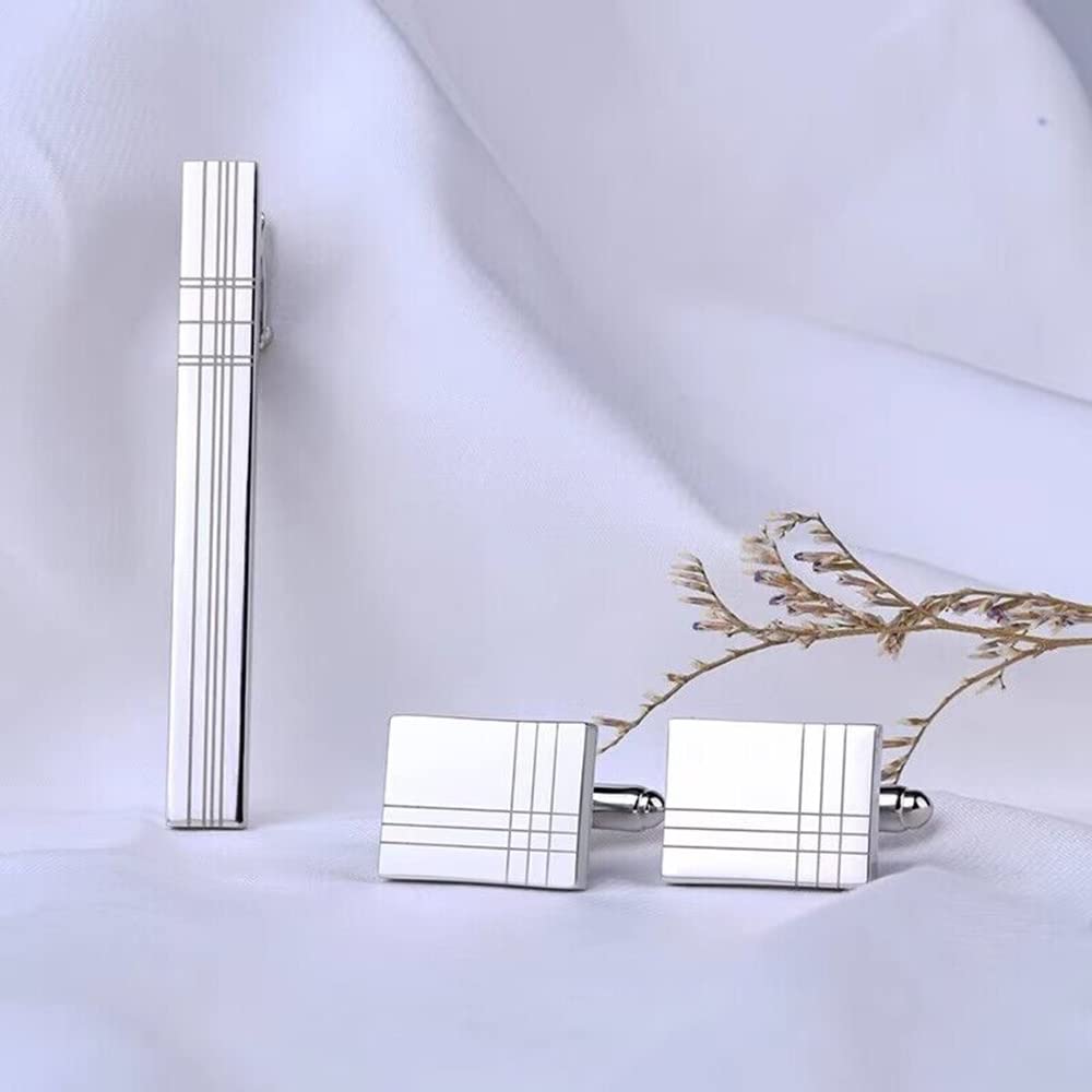 JENLING Tie Clip Cufflinks Set for Men with Box Laser Stripes Silver Tone Tie Bar Tie Clasp