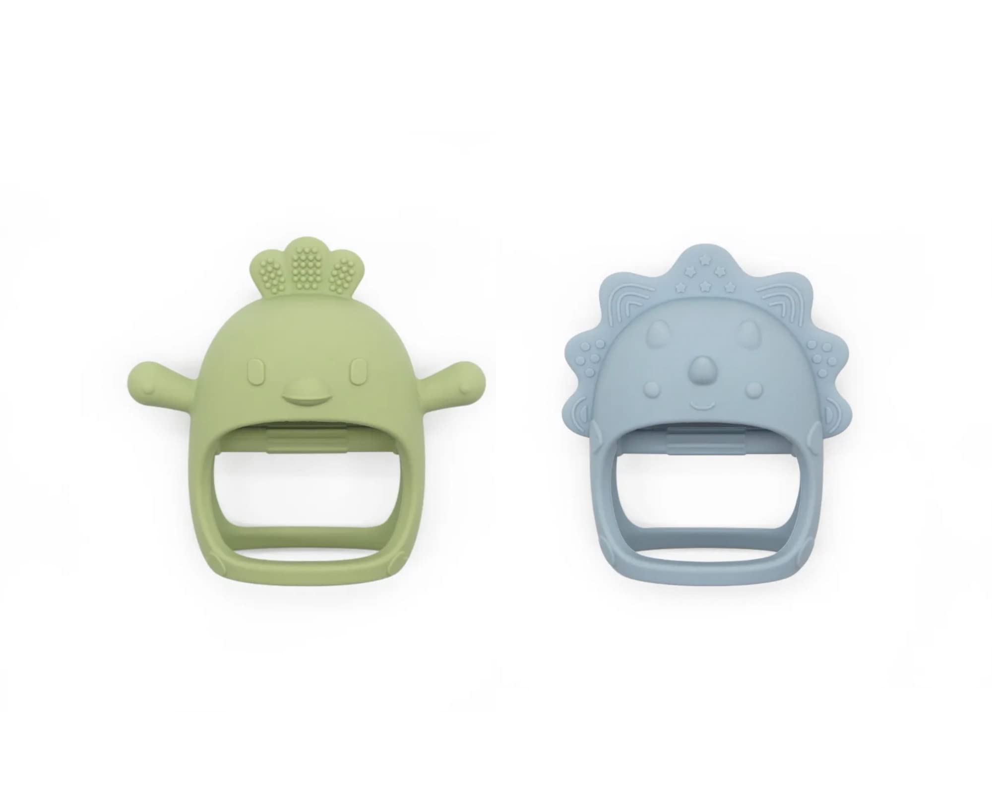 MOMMYS BABY Silicone Baby Teether Set, Infants Chew Mitten, Pain Relief for Sore Gums, Soothing 2 in 1| Olive Green Chick, Dusty Blue Triceratops | Anti-Drop with Handle for Easy Grip