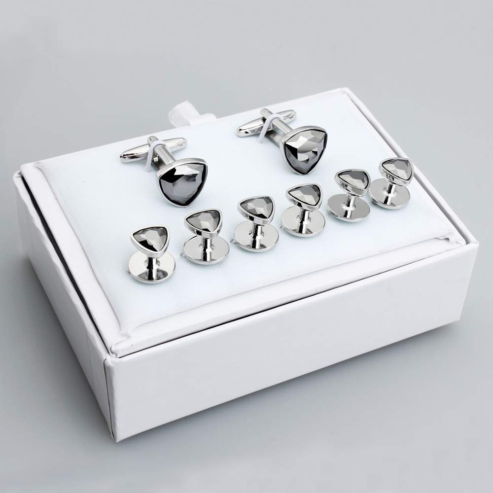Grey Swarovski Crystal Cufflinks and Studs Set for Men Formal Business Wedding Tuxedo Shirts French Shirts