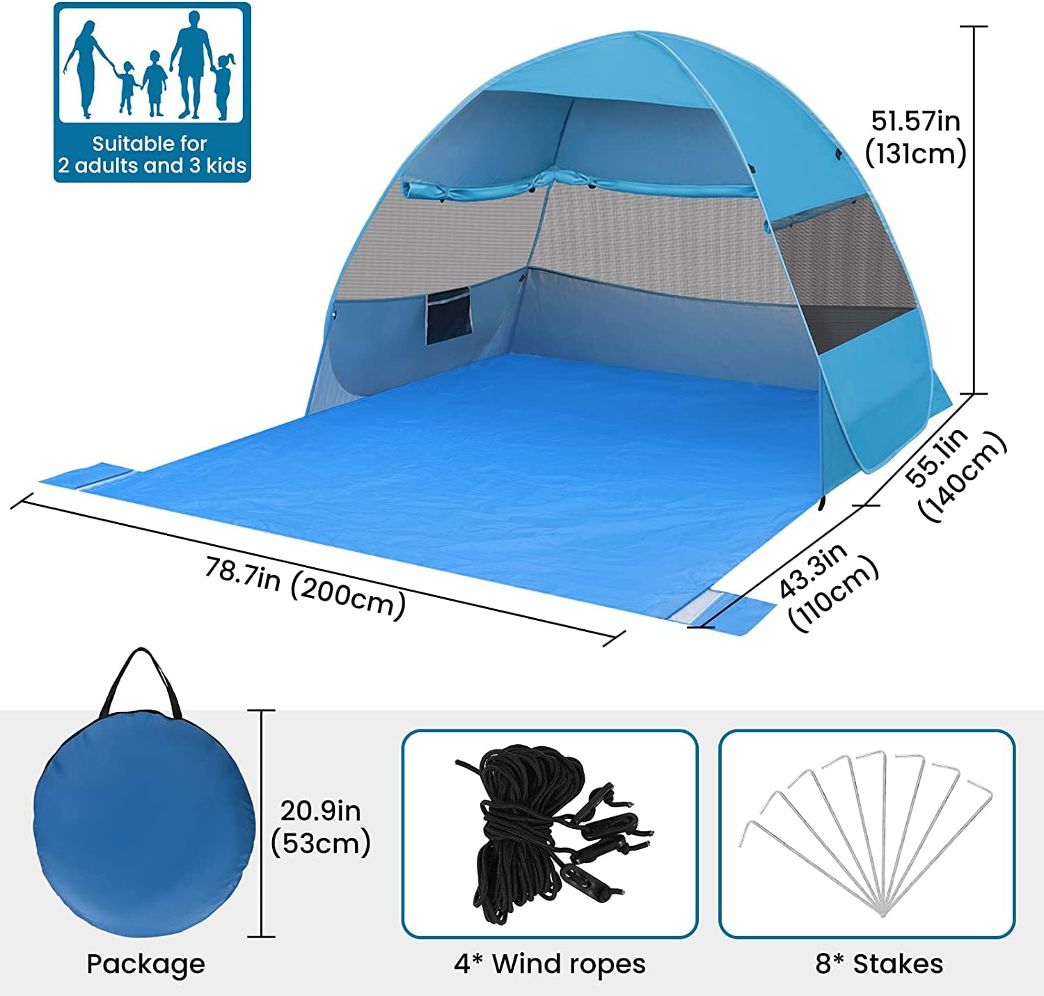 Large Pop Up Beach Tent for 3-4 Person, UPF 50+ Beach Sun Shade, Automatic Beach Sun Shelter Umbrella with Carry Bag, Lightweight and Easy Set Up