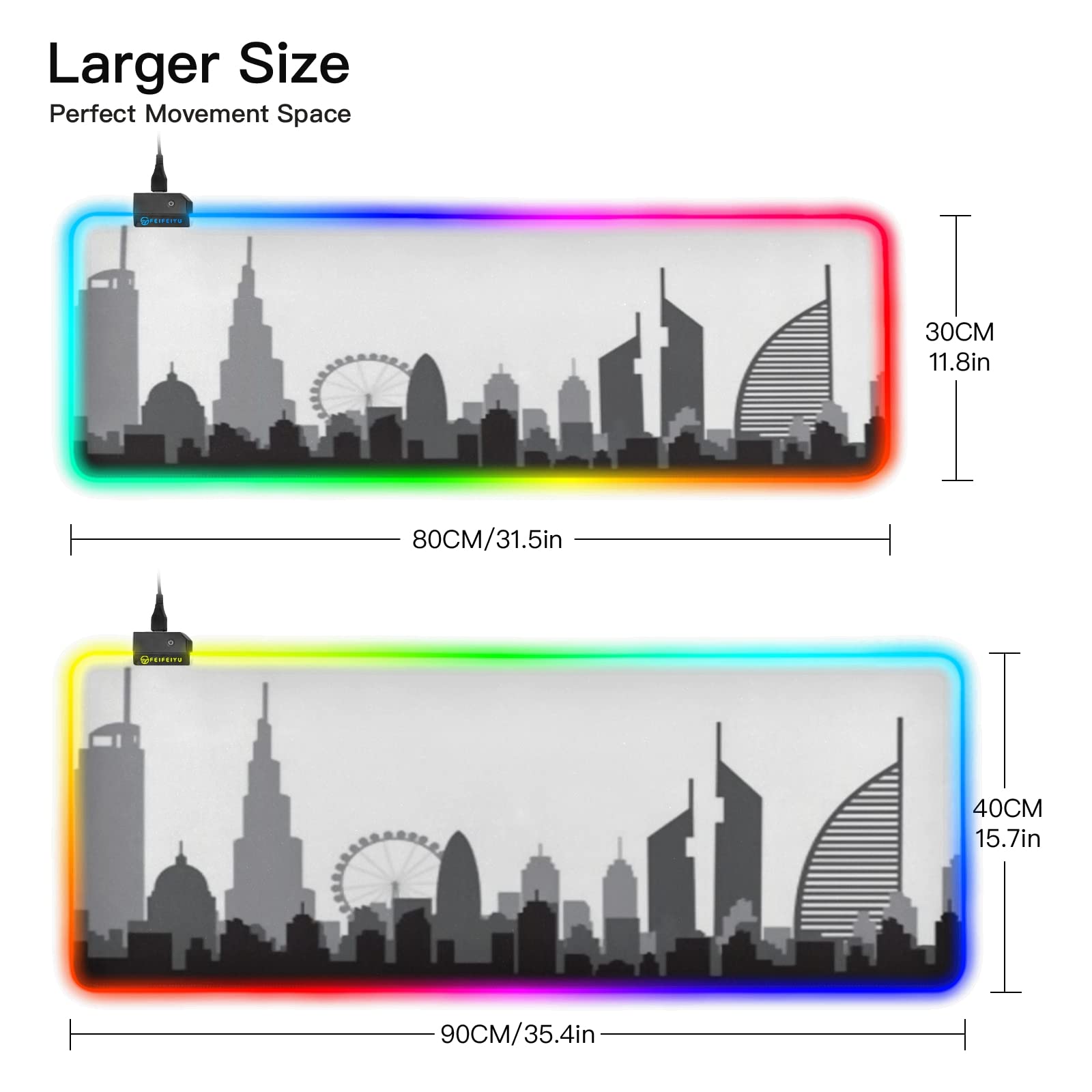 Large RGB Gaming Mouse Pad Dubai City Skyline Silhouette Glowing Extended Mousepad 31.5x11.8in, Soft Anti-Slip Rubber Base Luminous Mouse Mat for Pc Laptop, Gaming, Office, Home