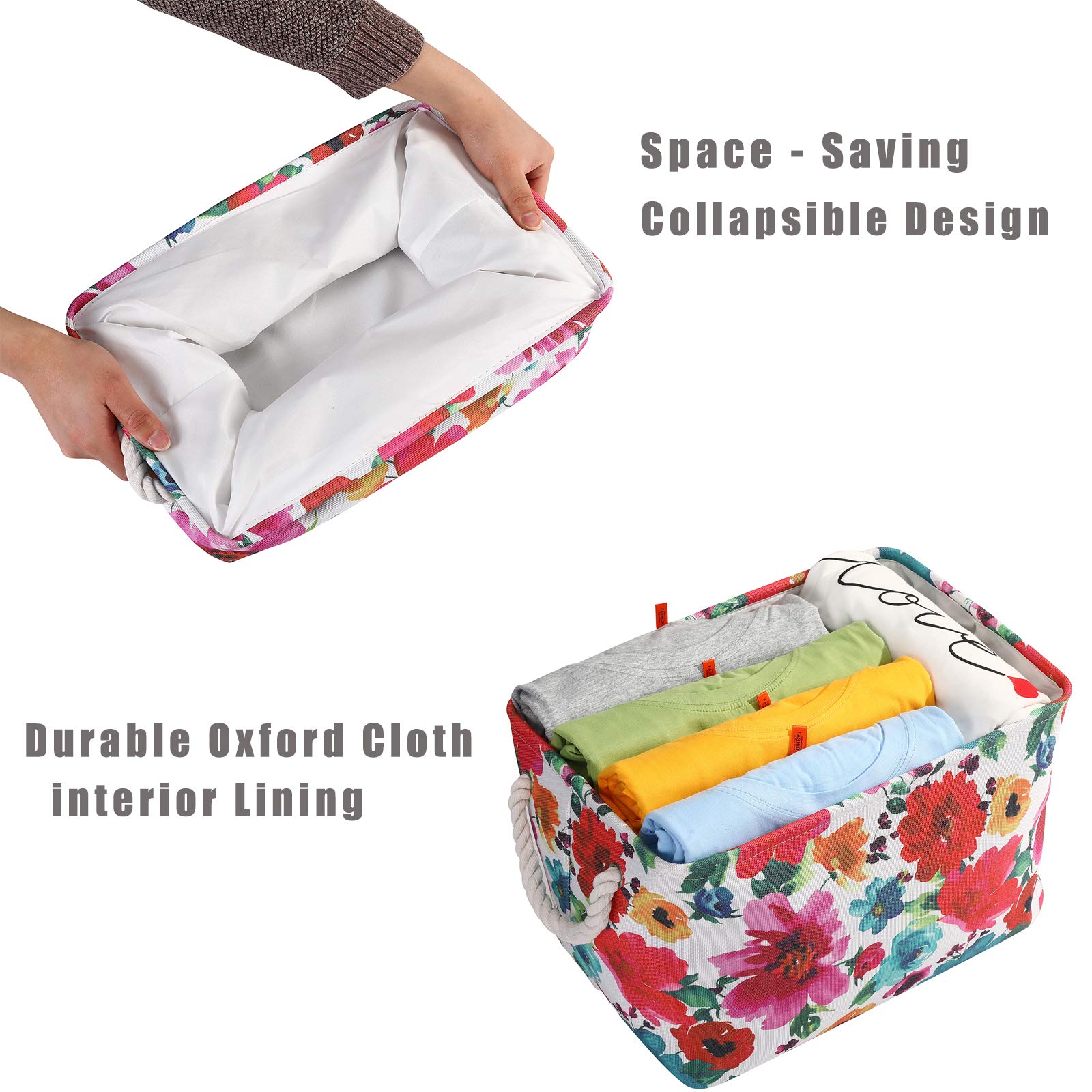 HOKEMP Foldable Storage Bins - 15.3" x 10.6" x 9.8" Fabric Storage Large Basket Set Collapsible Organizer Bin with Handles for Shelves, Closet, Toys, Towels, Laundry (Flower, 3 Pcs)