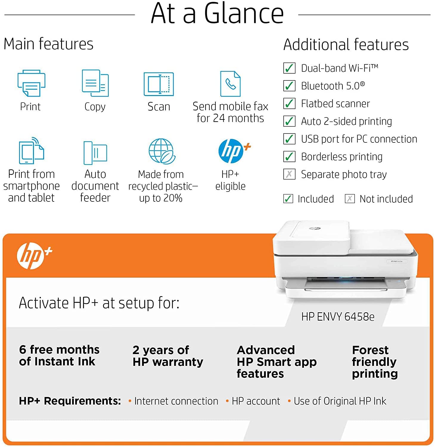 HP Envy 6458e All-in-One Wireless Color Inkjet Printer,Home Office,Print Scan Copy - 10 ppm,4800 x 1200 dpi,Auto 2-Sided Printing,35-Sheet ADF,Instant Ink Ready,Silmarils Printer Cable,White