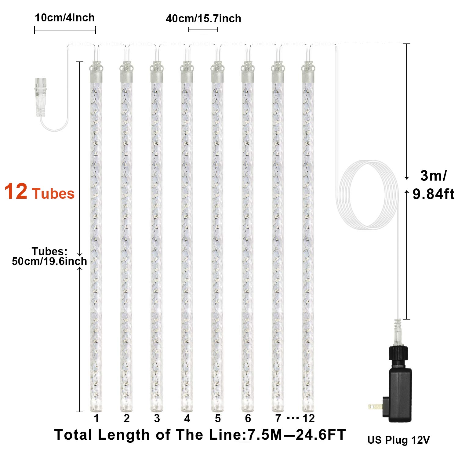 GPODER 50CM Shower Rain Lights, 576 LEDs Falling Rain Lights, 12 Waterproof Spiral Tubes Meteor Lights for Christmas Outdoor Garden House Window Xmas Tree Decoration(Blue)