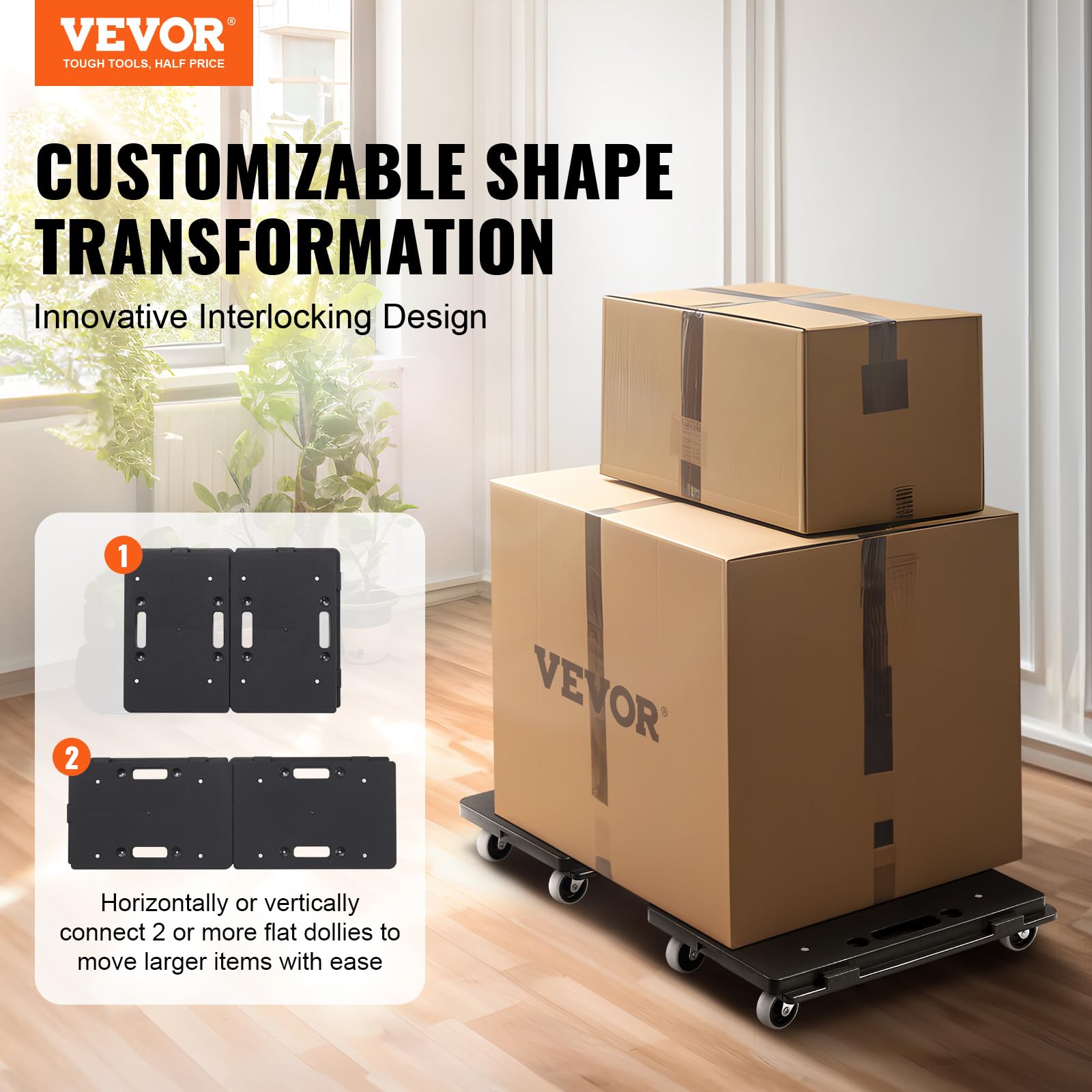 Furniture Moving Dolly, 16 x 11in 500 lbs Capacity Furniture Movers Dollies 4 Wheels, Portable Moving Rollers Heavy Duty, Interlocking Small Flat Dolly Cart for Heavy Furniture, 2 Pack, Black